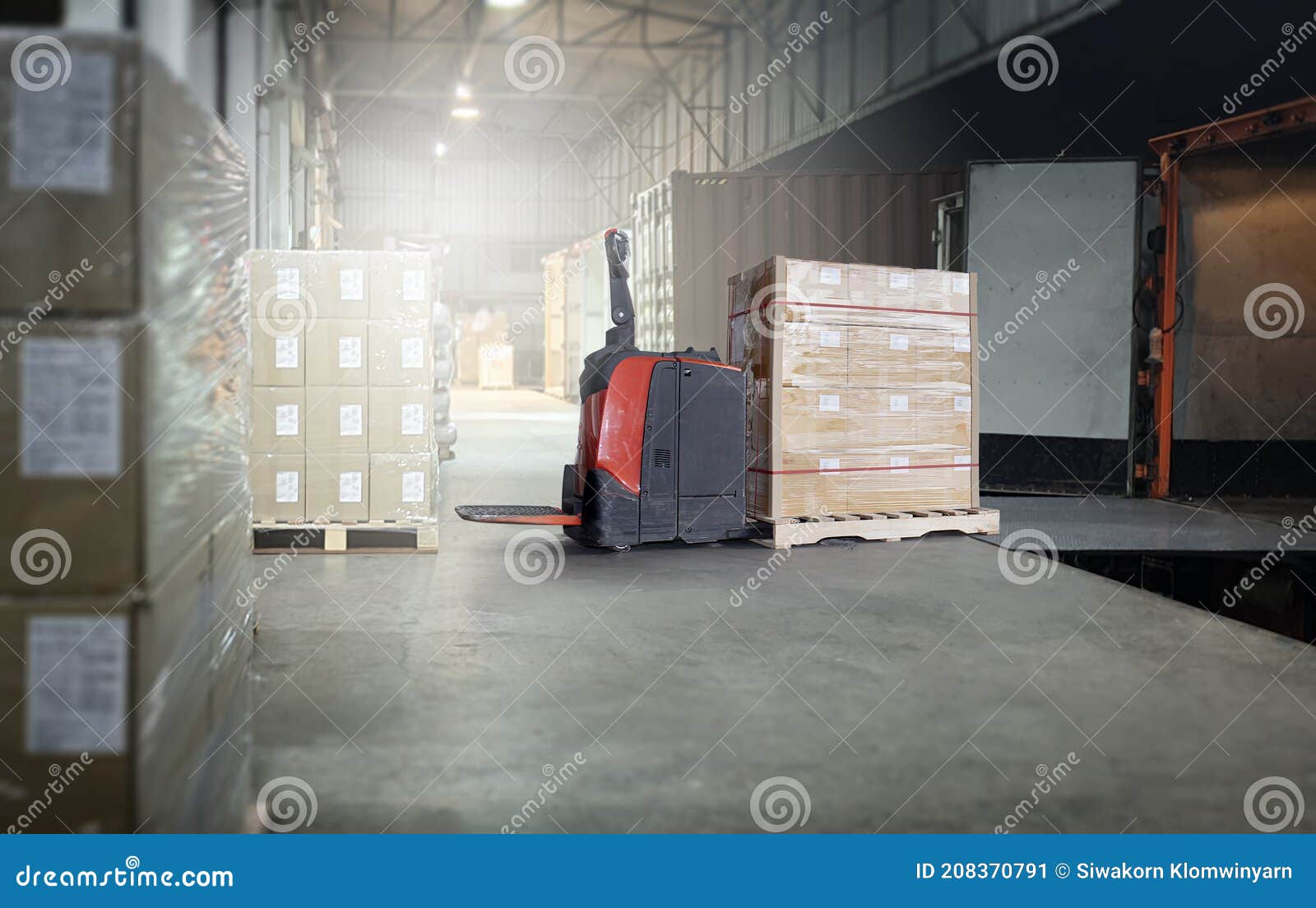 Cargo Shipment Loading for Truck. Electric Forklift Pallet Jack Loading ...