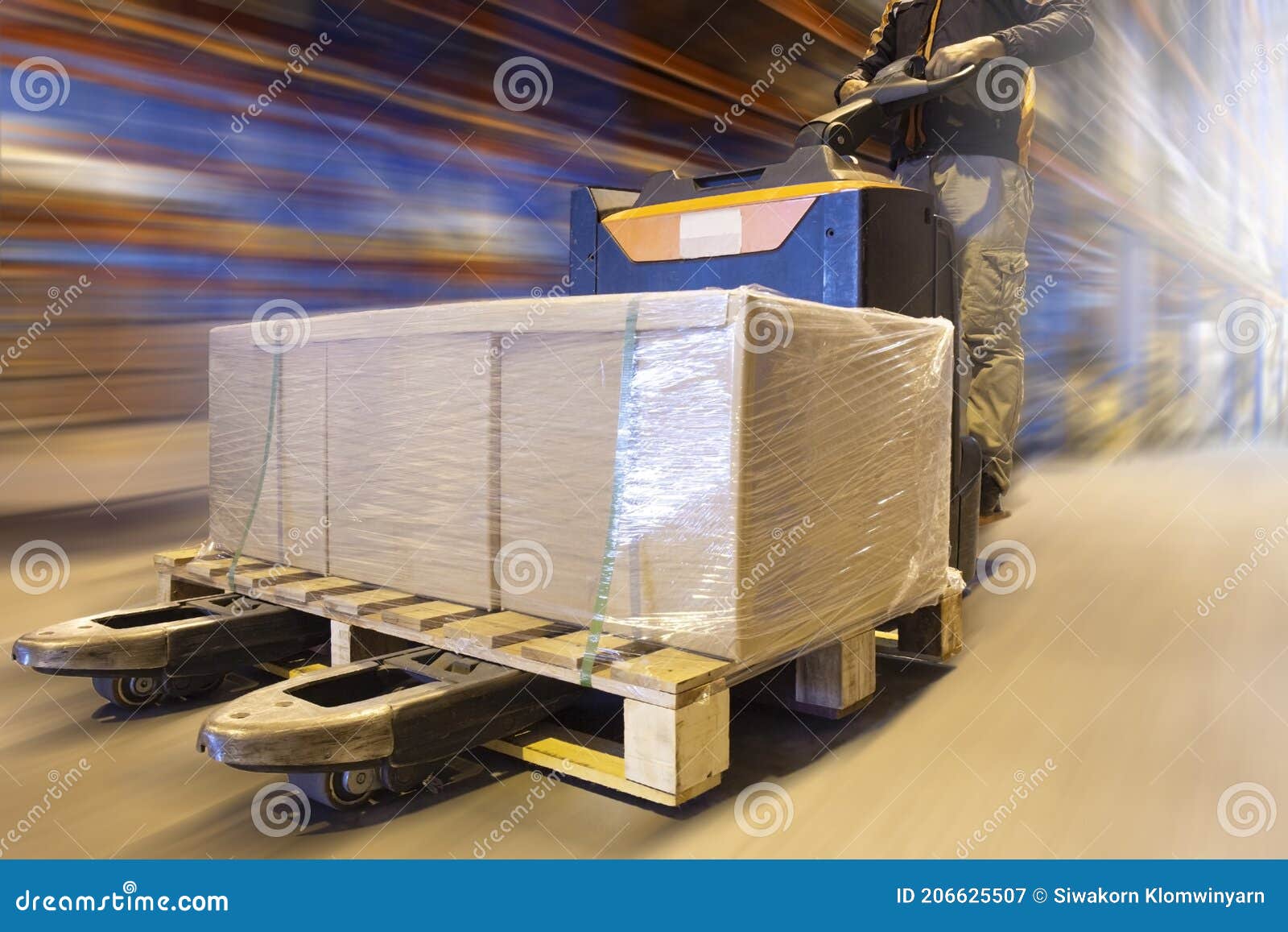Cargo Shipment Loading For Truck. Electric Forklift Pallet Jack Loading ...