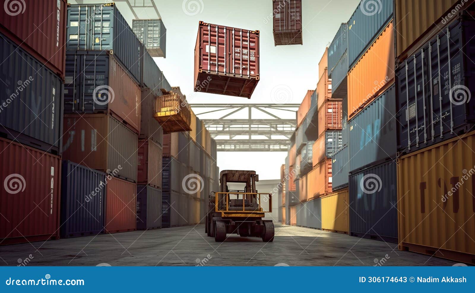 Cargo Shipping Containers in Storage Area with Forklifts. Delive Stock ...