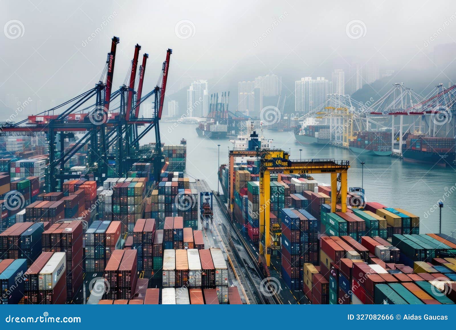 Cargo Ships Unloading Containers at Busy Harbor with Industrial Cranes ...
