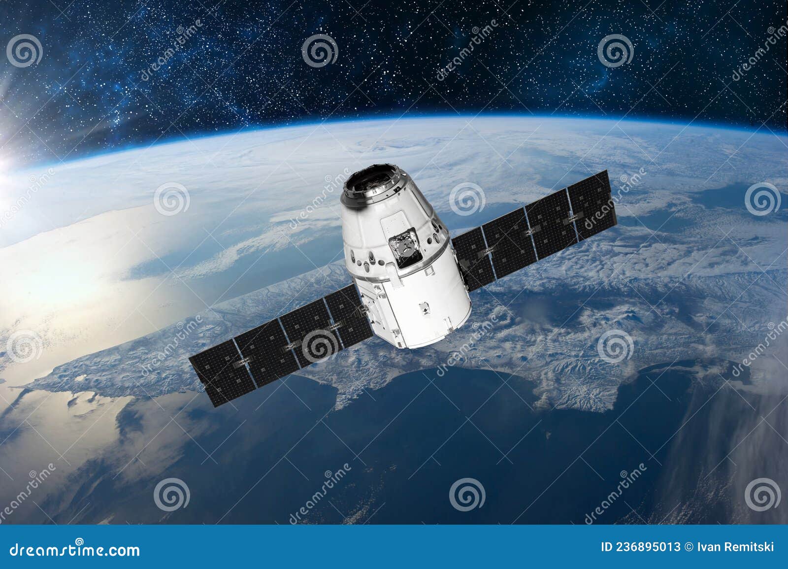 Cargo Space Craft Earth Planet.Dark Background. Sci-fi Wallpaper.Space ...