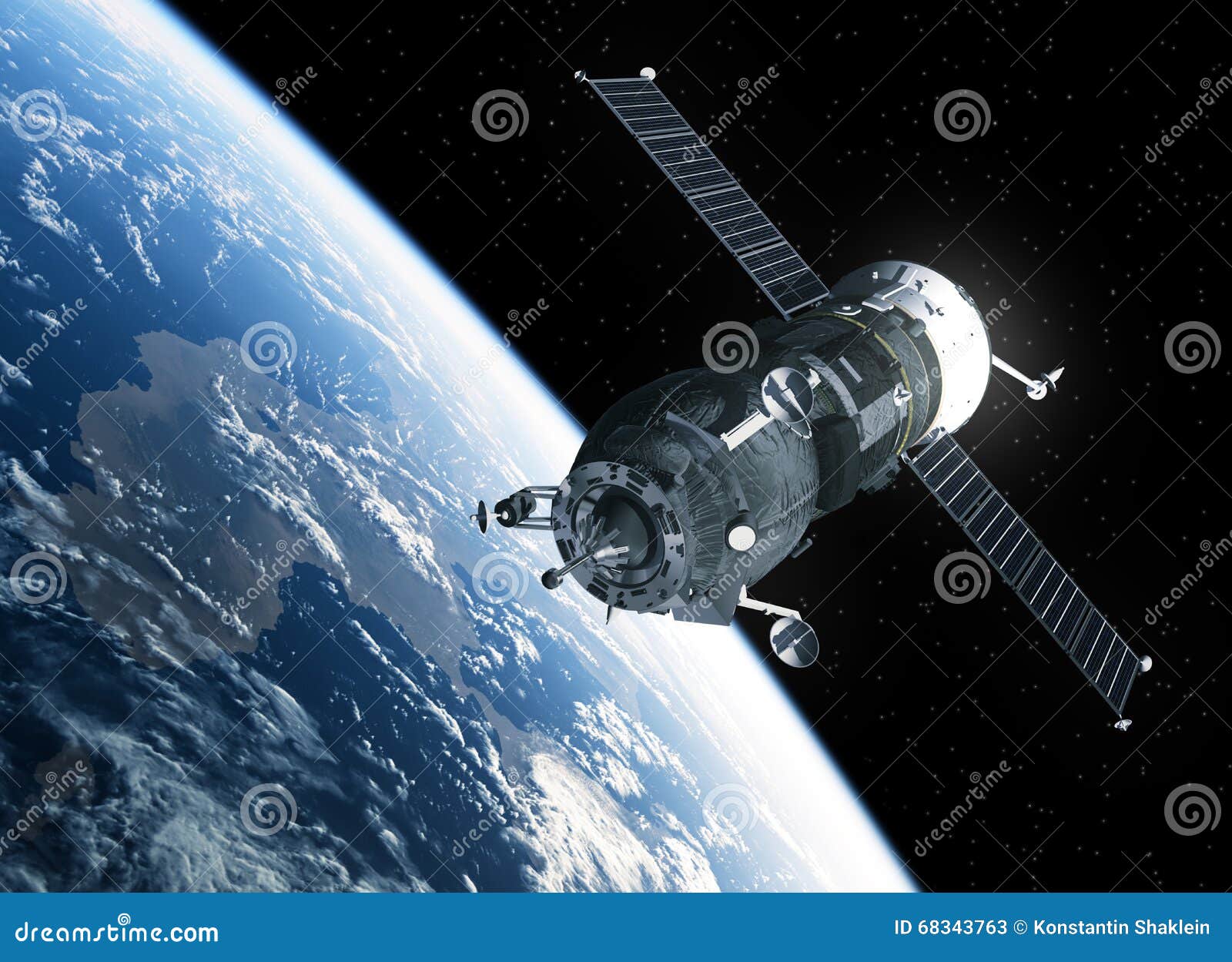 Cargo Spacecraft Orbiting Earth. 3D Scene. Stock Illustration ...
