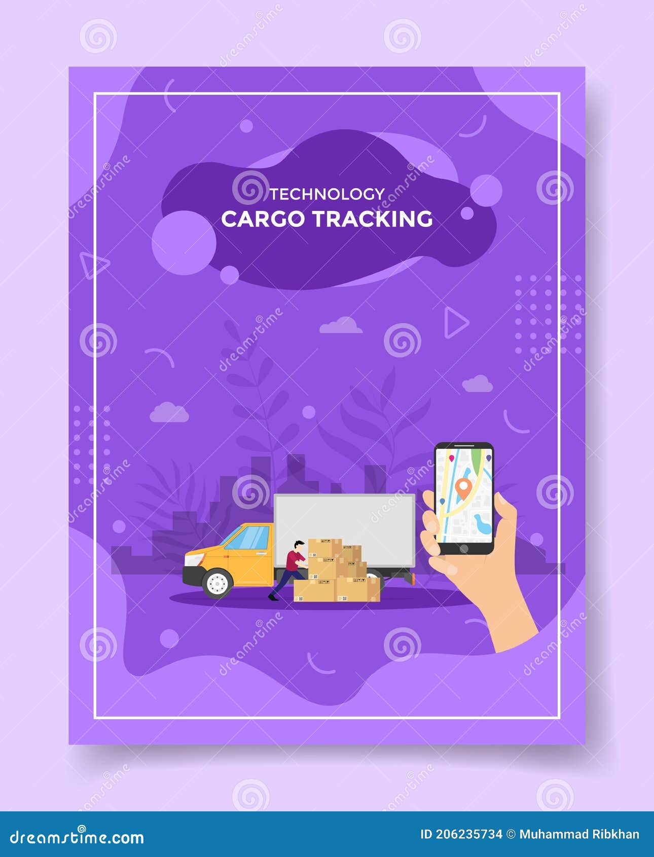 Cargo Tracking Men Front Box Package Truck Van Hand Hold Smartphone Map ...