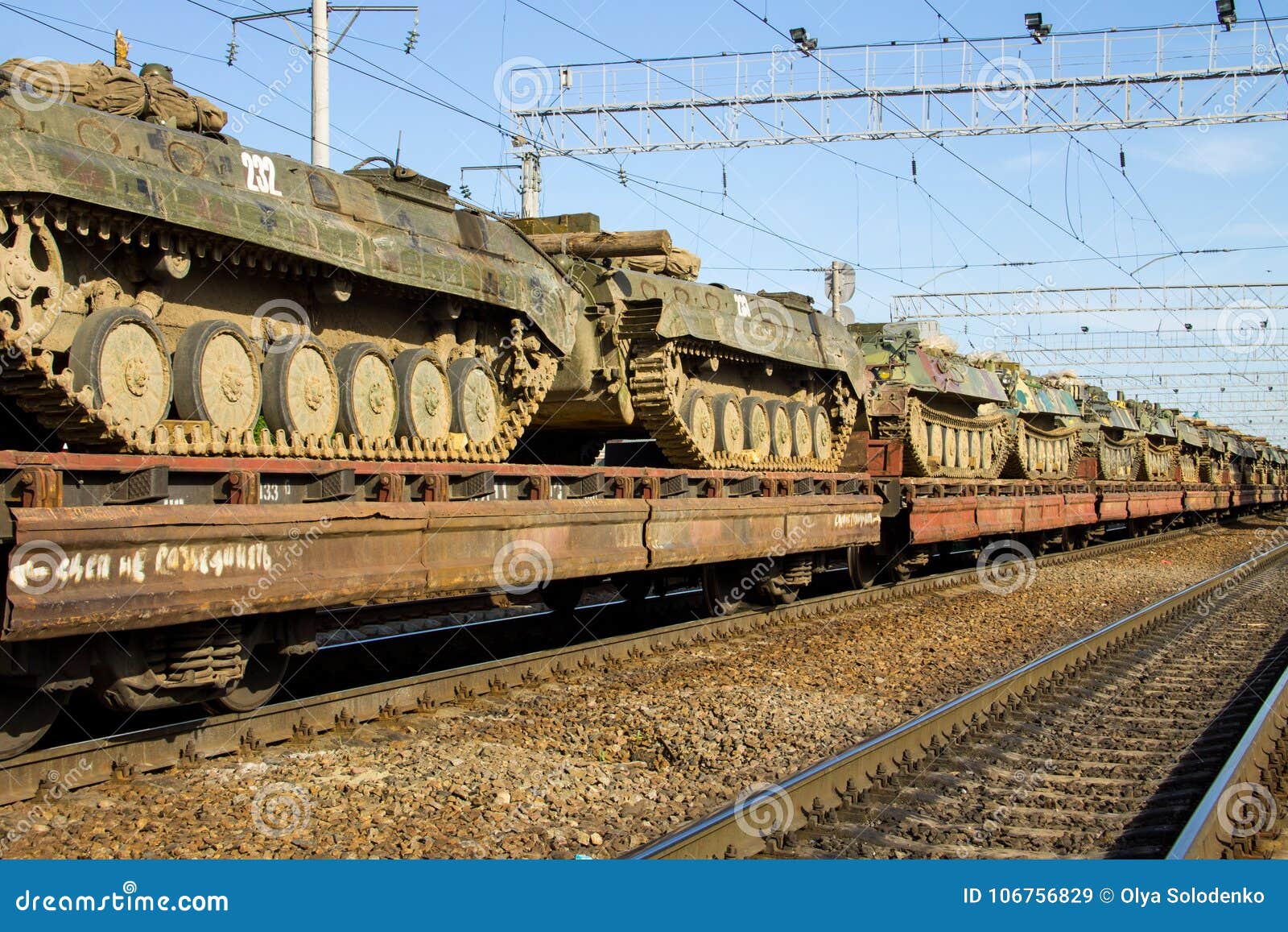 Cargo Train Carrying Military Tanks on Railway Flat Wagons Editorial ...