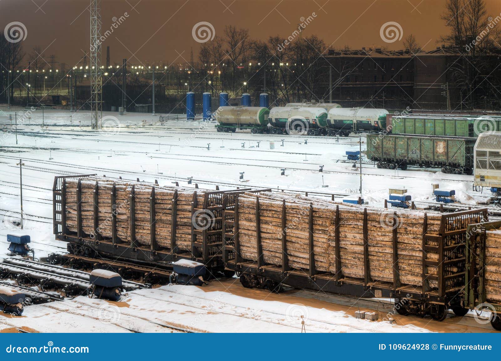 Cargo Train Carrying Wood at Night Stock Photo - Image of delivering ...