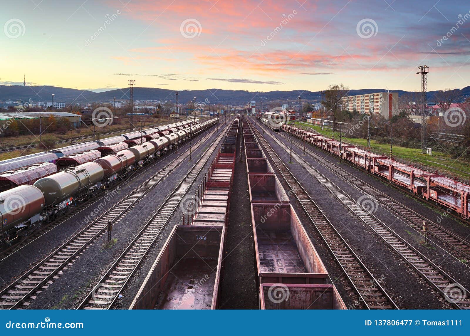 Cargo Train Platform at Sunset with Container Stock Image - Image of ...