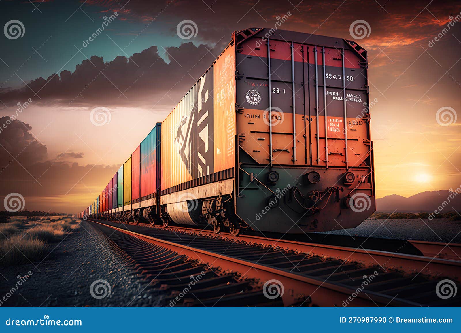 Cargo Train Platform at Sunset with Container Stock Illustration ...