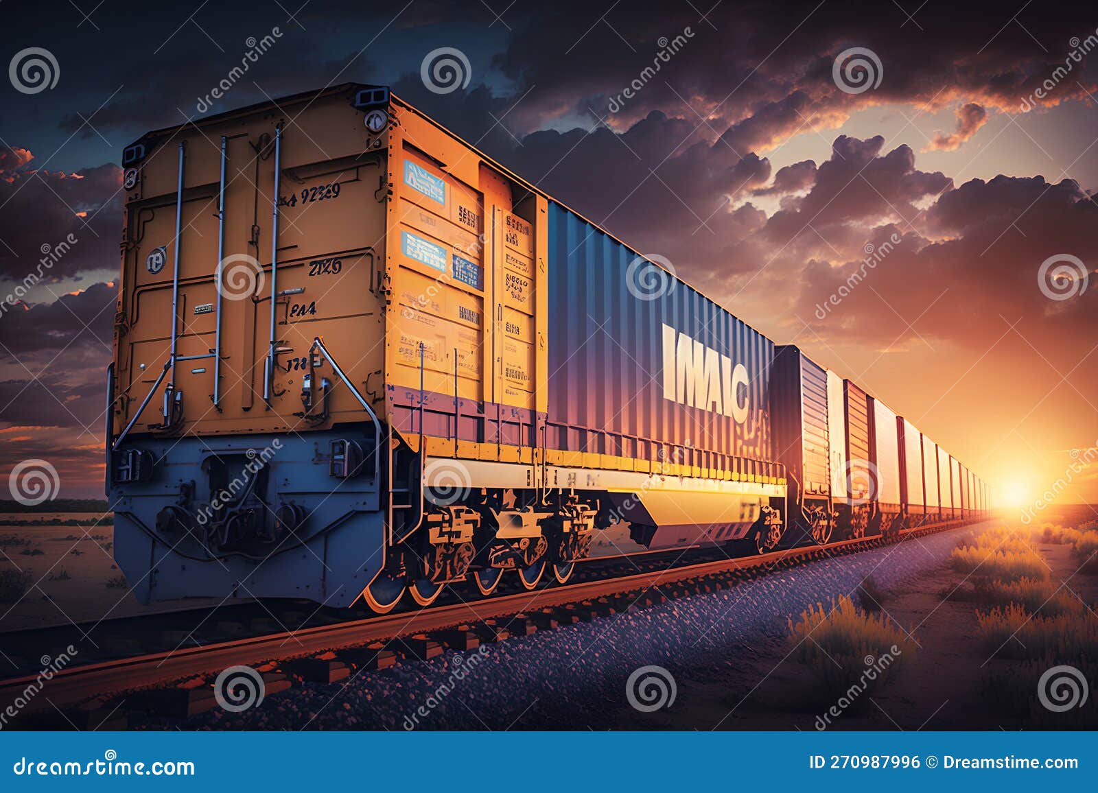 Cargo Train Platform at Sunset with Container Stock Illustration ...