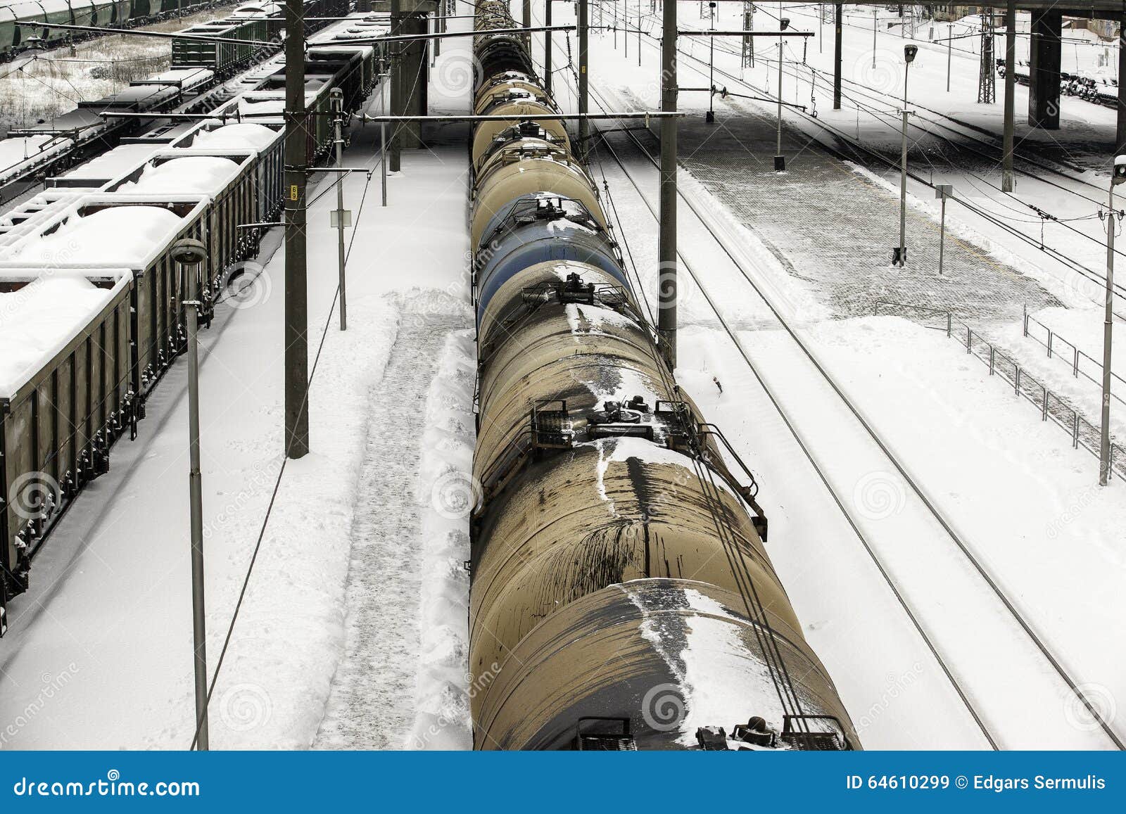 Cargo trains in winter stock image. Image of equipment - 64610299