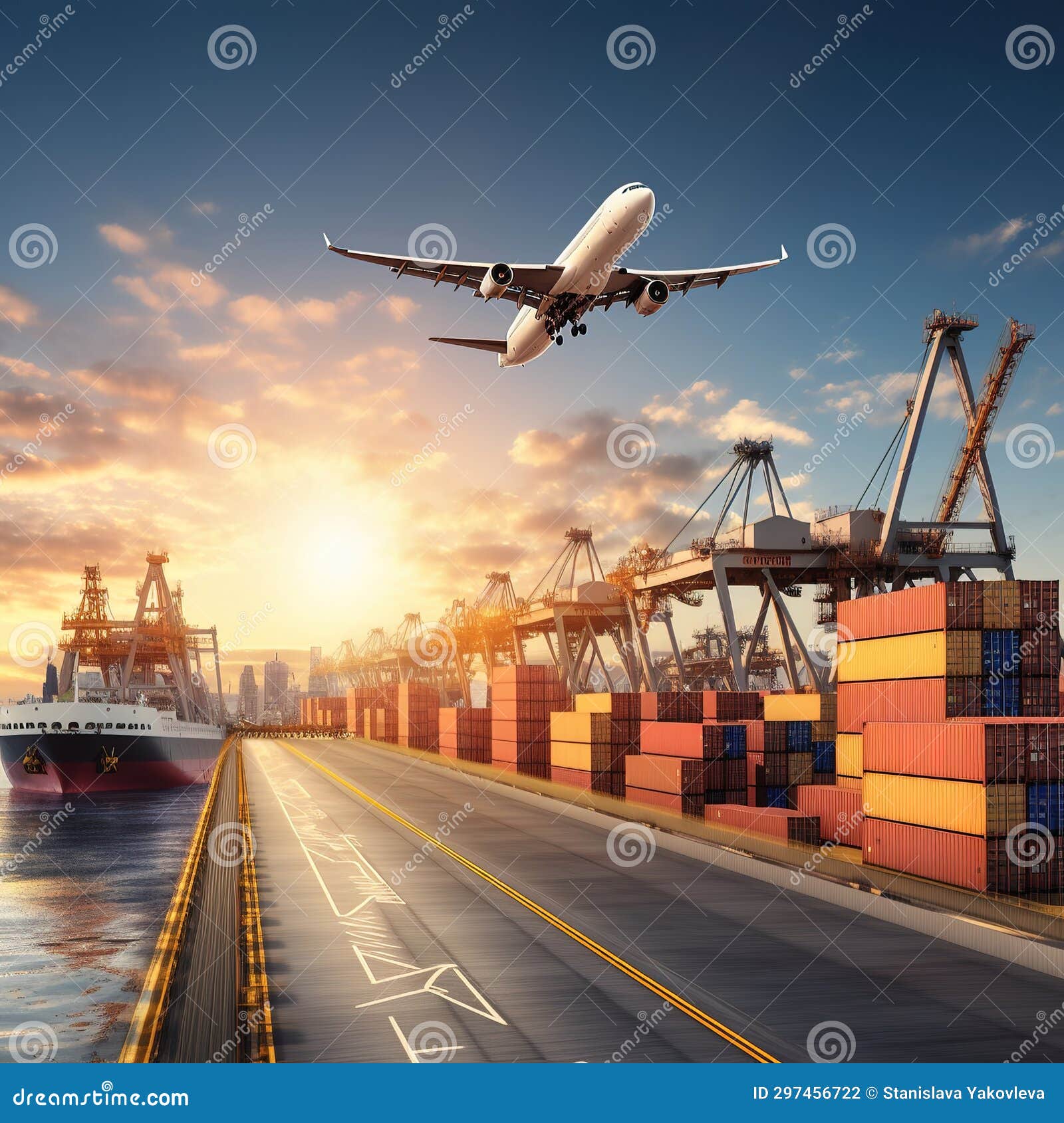 Cargo Transportation. Plane, Containers and Ship Stock Photo - Image of ...