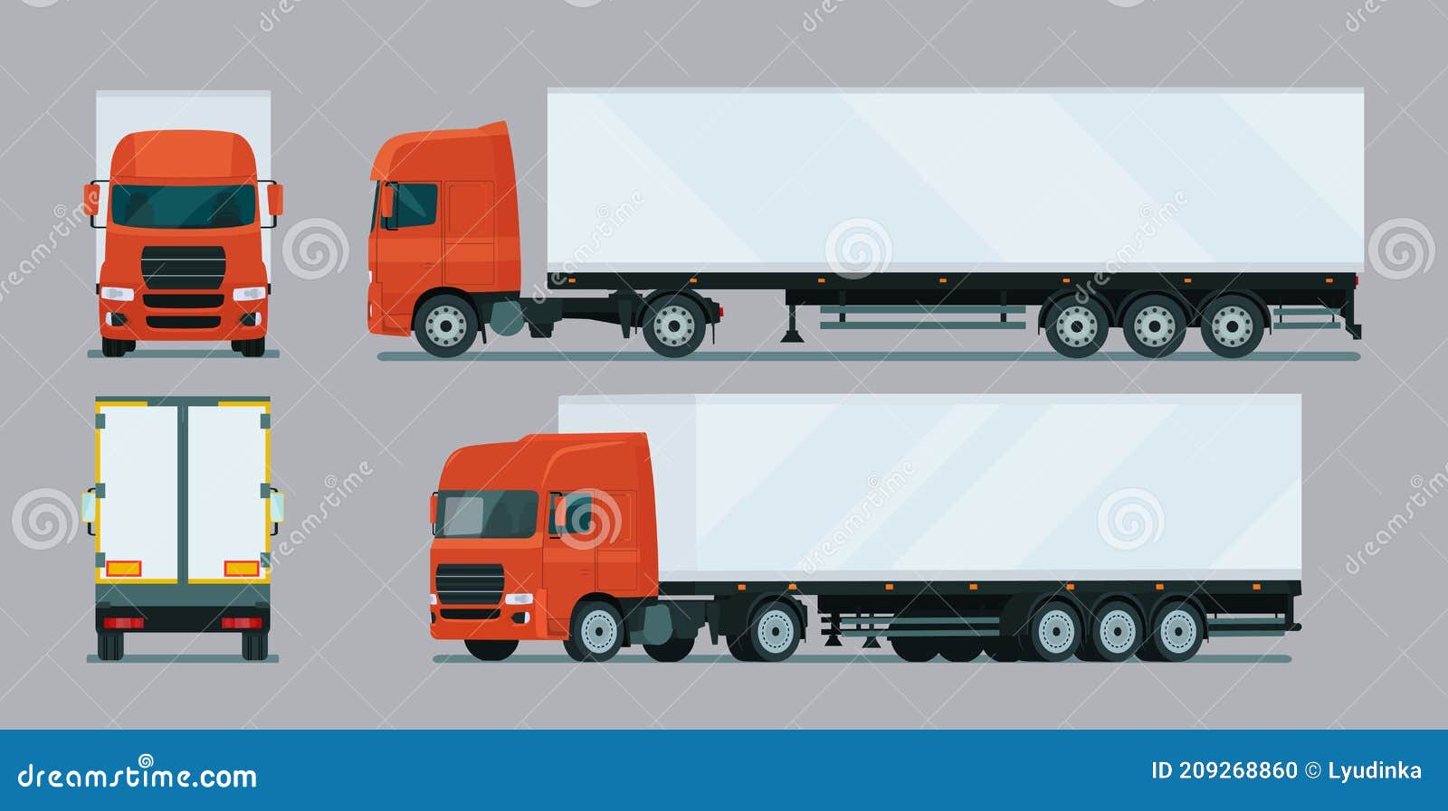 Cargo Truck with Trailer Four Angle Set. Truck Side, Back and Front ...