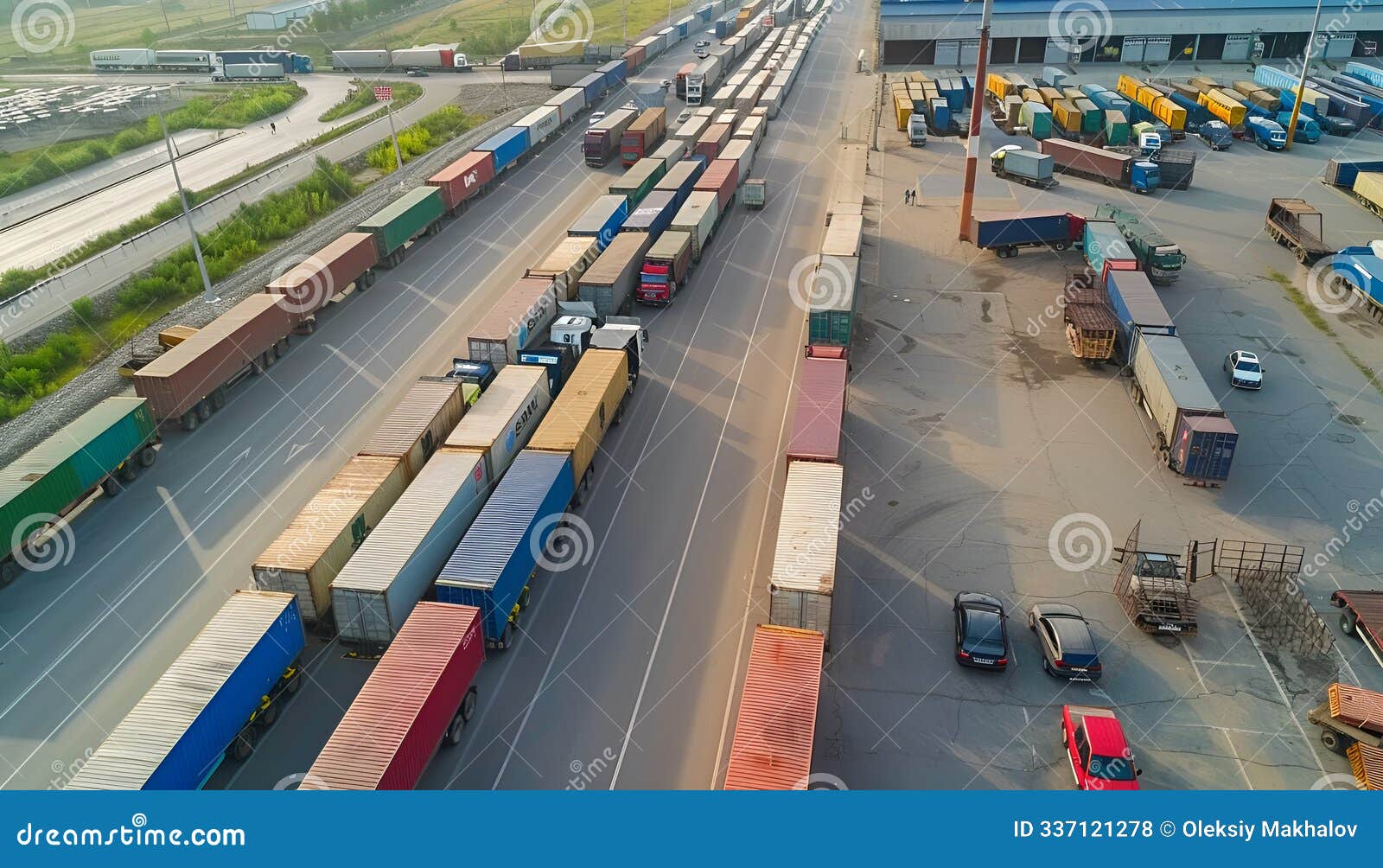 Cargo Trucks, Border Crossings. Aerial High View Stock Illustration ...