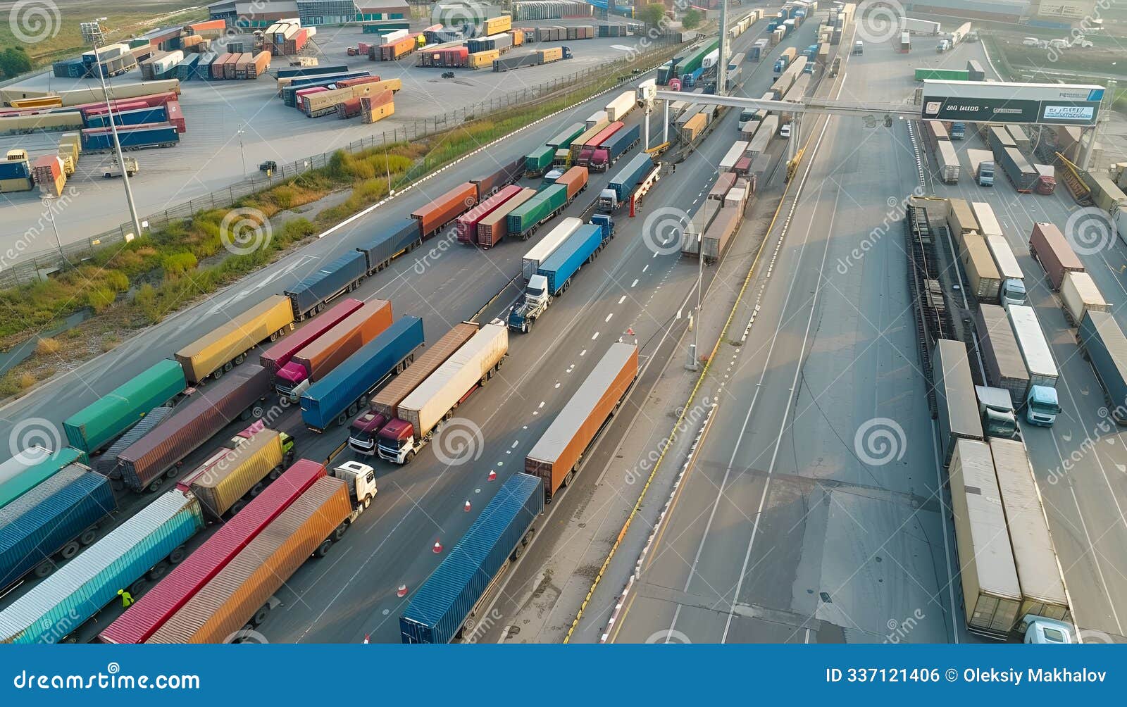 Cargo Trucks, Border Crossings. Aerial High View Stock Illustration ...