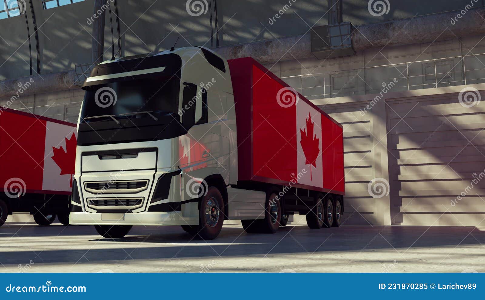 Cargo Trucks with Canada Flag. Trucks from Canada Loading or Unloading ...