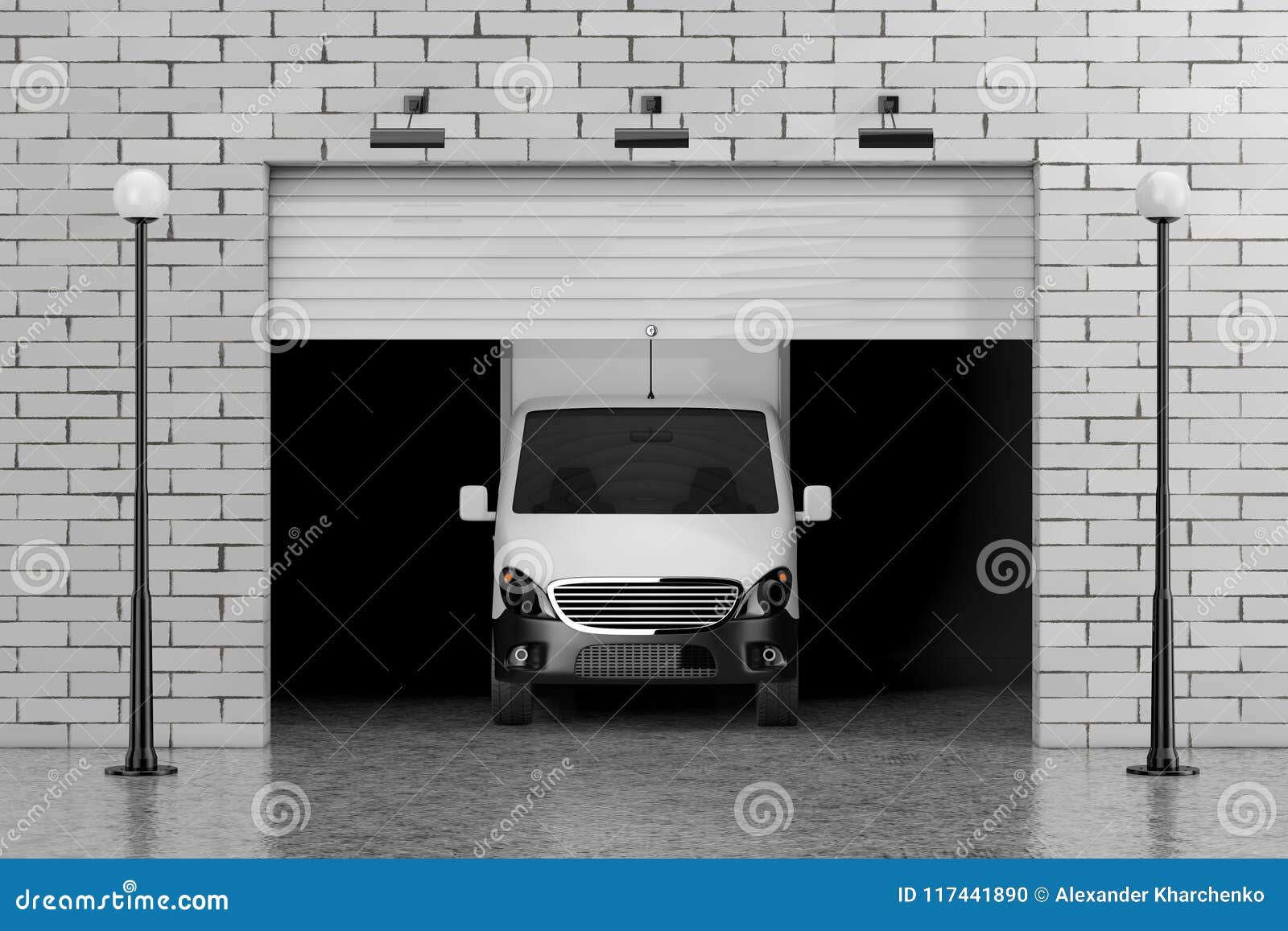 Cargo Van in Garage with Rolling Shutter Gate Door, Brick Wall a Stock ...
