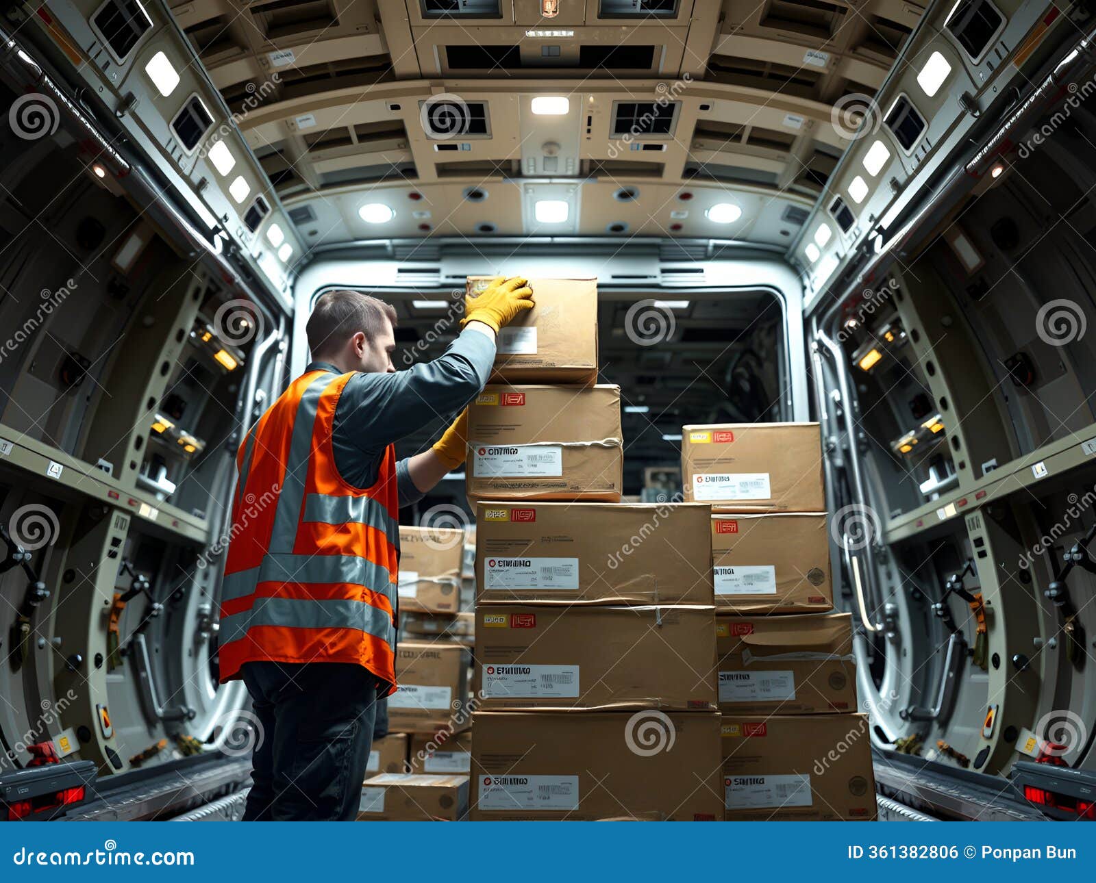 Cargo Worker Loading Packages into an Airplane for Air Freight ...
