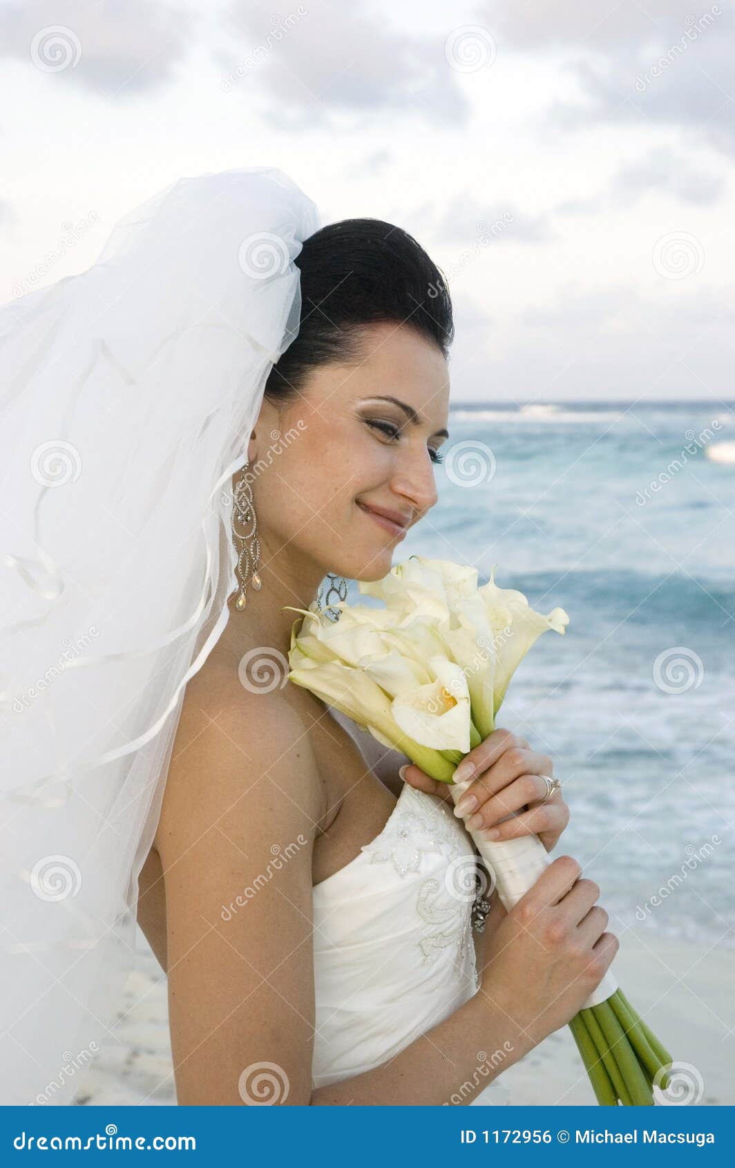 Caribbean Beach Wedding - Bride with Bouquet Stock Photo - Image of ...