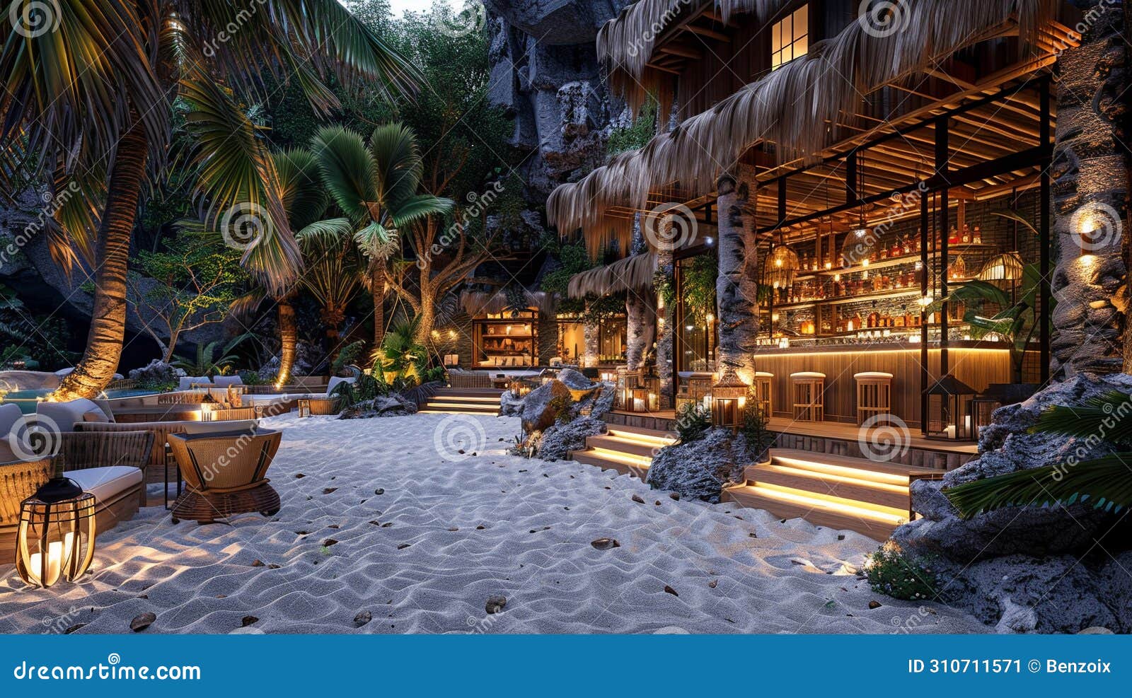 Caribbean-inspired Beach Bar with Thatched Roofs and Sand Floors3D ...