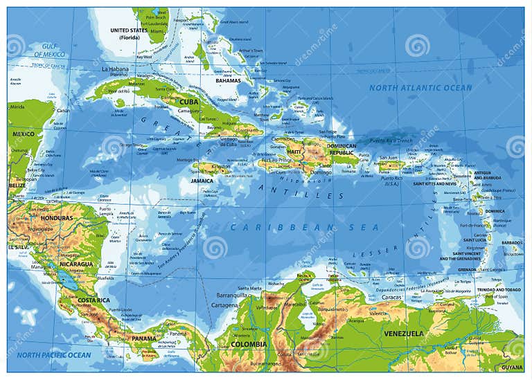 The Caribbean Physical Map stock vector. Illustration of geography ...