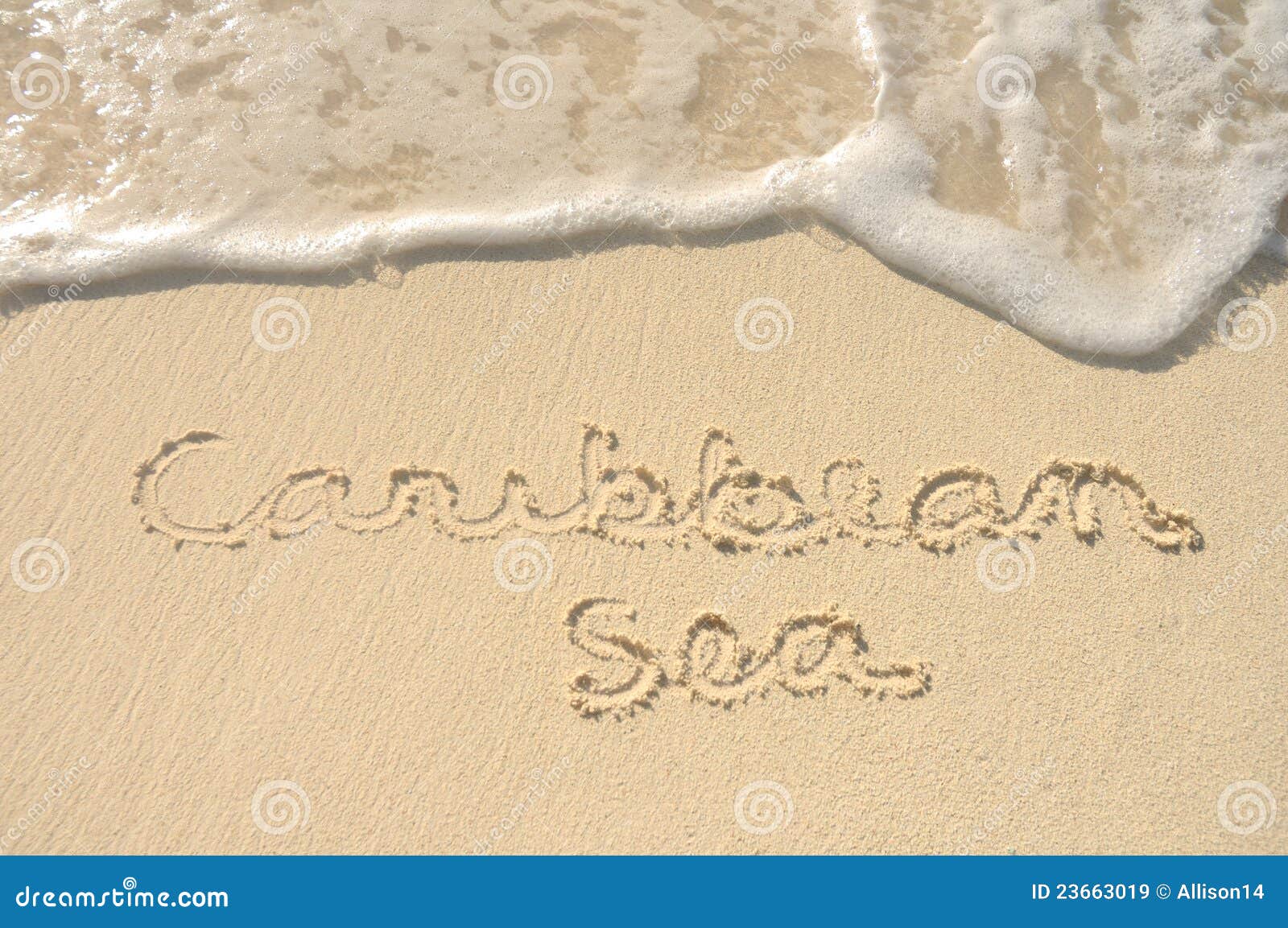 Caribbean Sea Written in Sand on Beach Stock Image - Image of sign ...