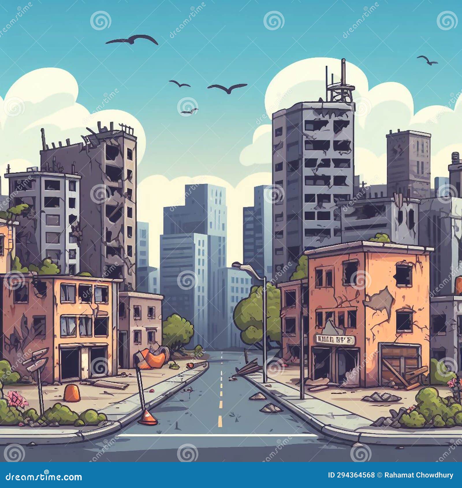 Caricatura De La Ciudad Con Edificios Vacíos Destruidos Stock de ...