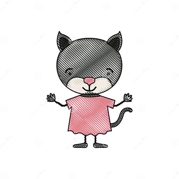 Caricatura De La Silueta Del Creyón Del Color Del Gatito Lindo En Vestido Ilustración Del Vector