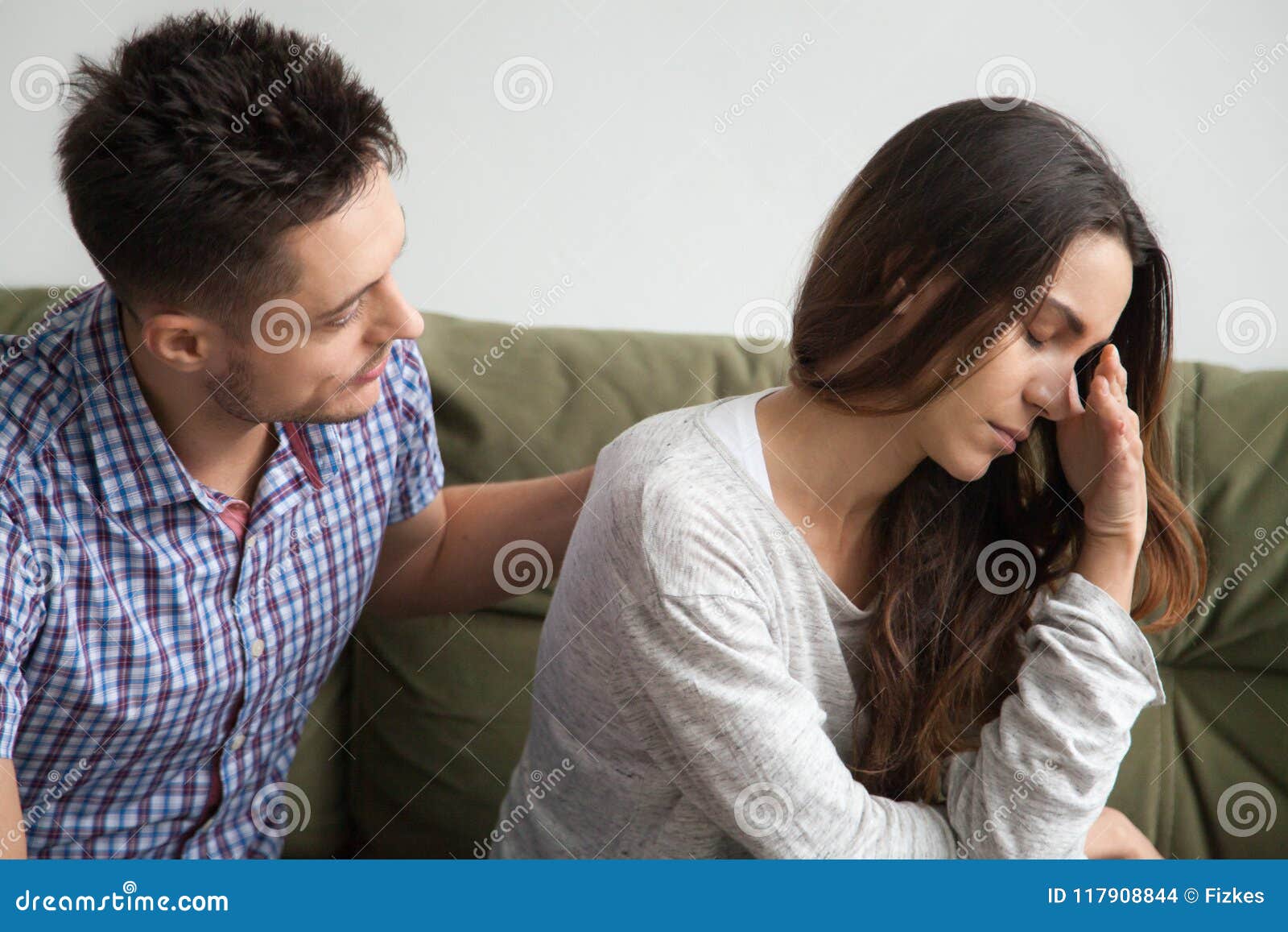 Caring Husband Apologizing Crying Upset Wife Excusing For Being Stock
