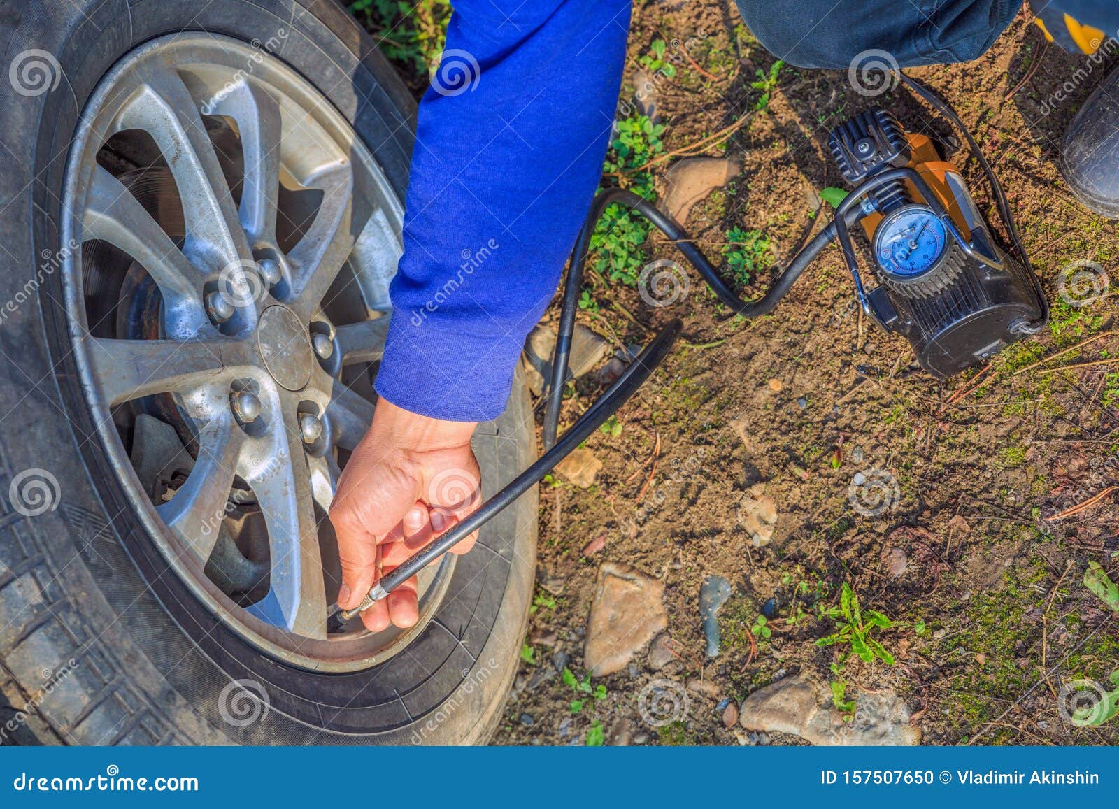 Pumping a Car Wheel with a Compressor Stock Photo - Image of adventure ...