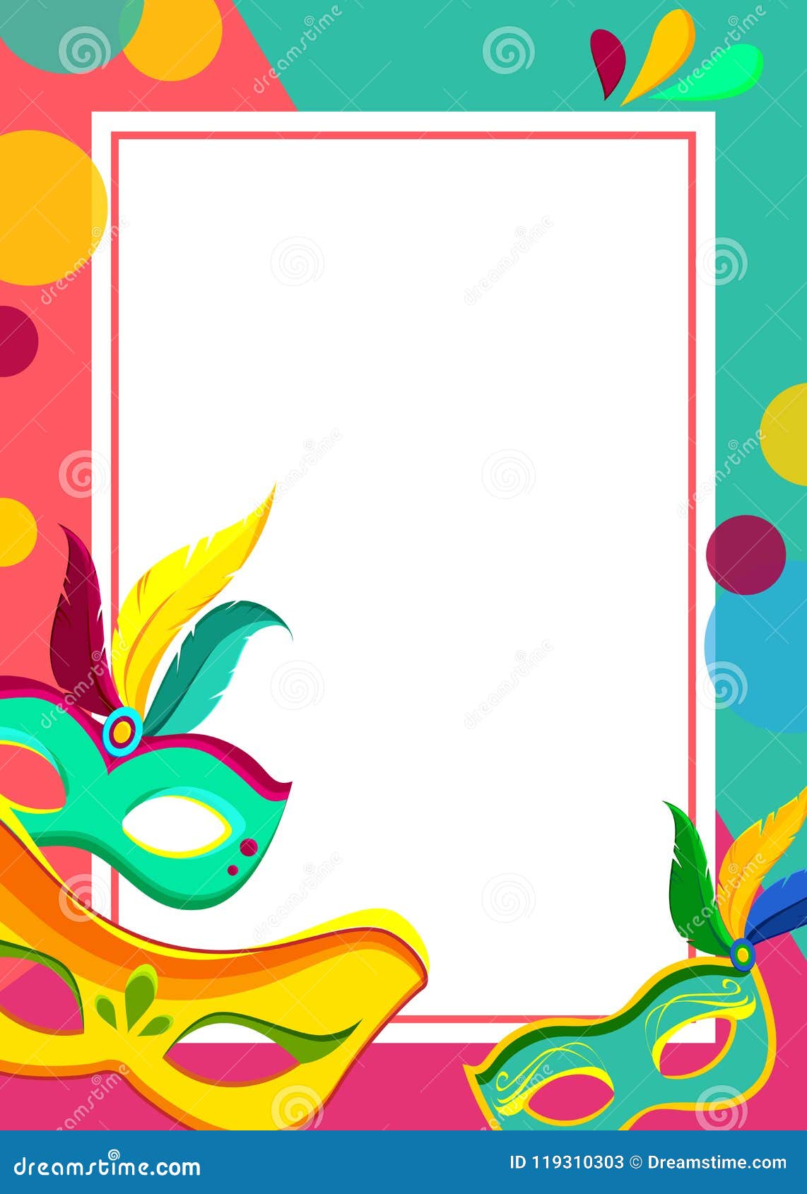 Carnival Background with White Frame and Colorful Masks. Stock Vector ...