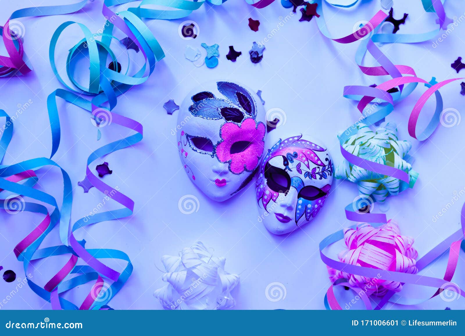 Carnival Colorful Items and Confetti, Top View of Masks Stock Image ...