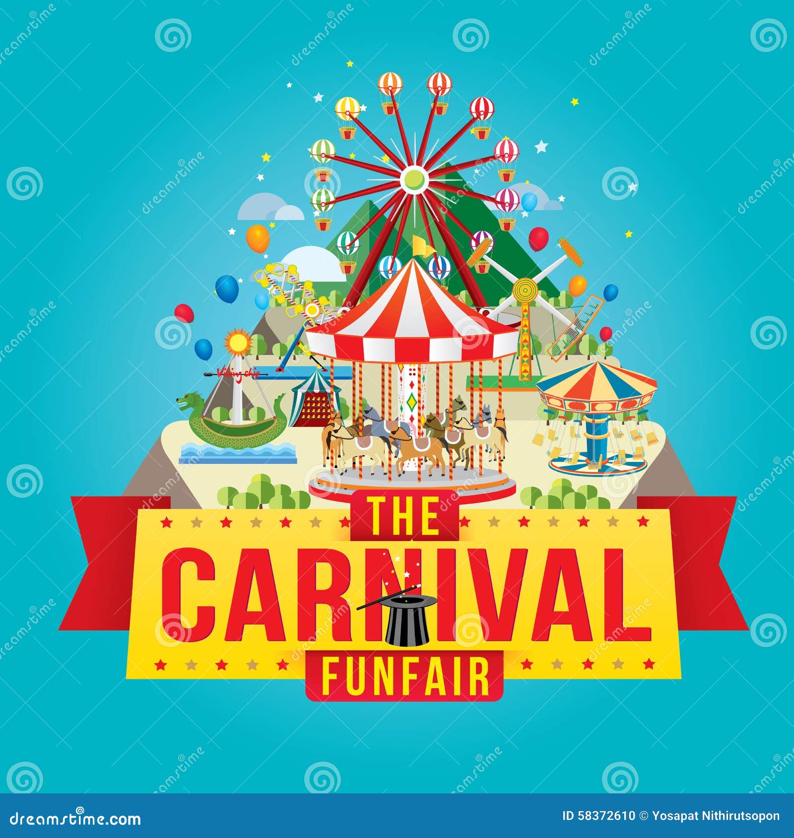 Carnival Funfair Banner Template With Circus Tent, Amusement Park ...