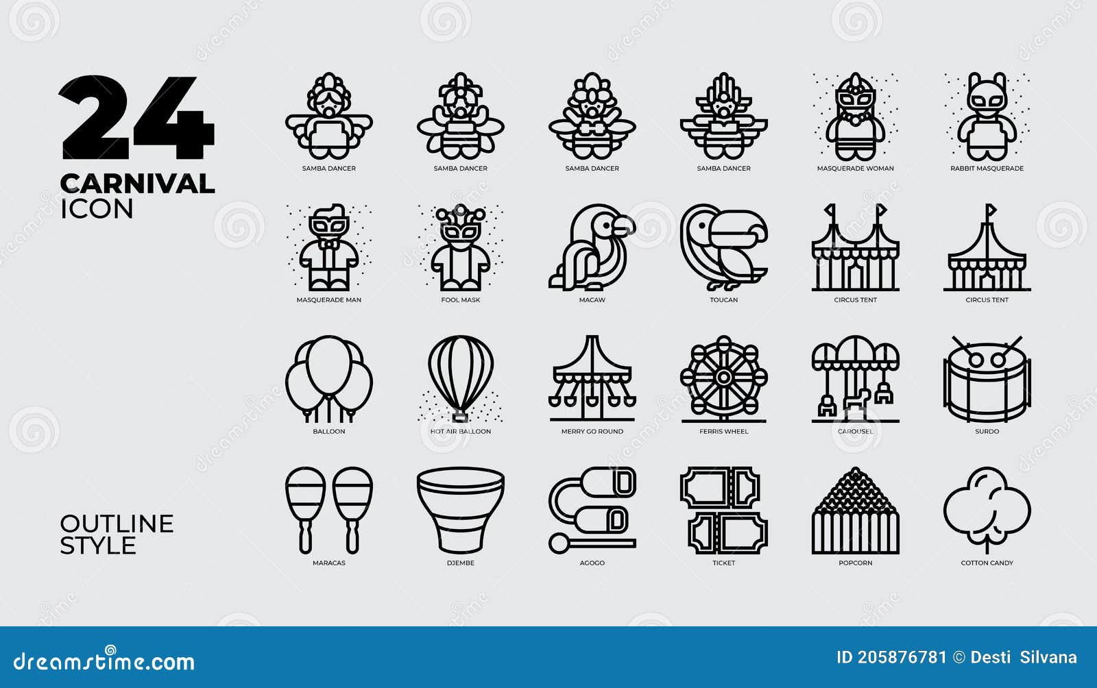 24 Carnival Icon Set Collection in Outline Sytle Stock Vector ...