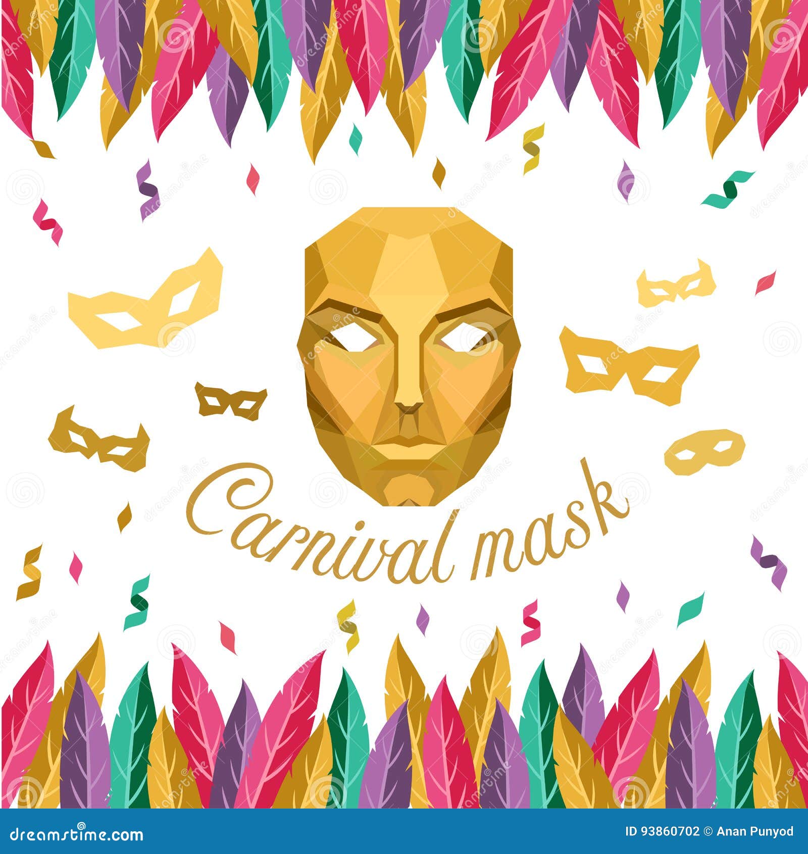 Carnival Mask With Low Poly Gold Mask And Feather Vector Design ...