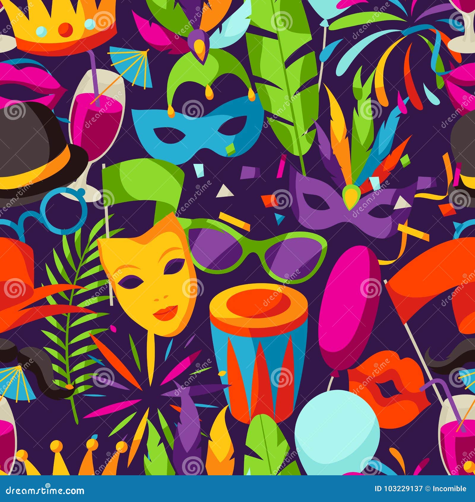 Carnival Party Seamless Pattern with Celebration Icons, Objects and ...