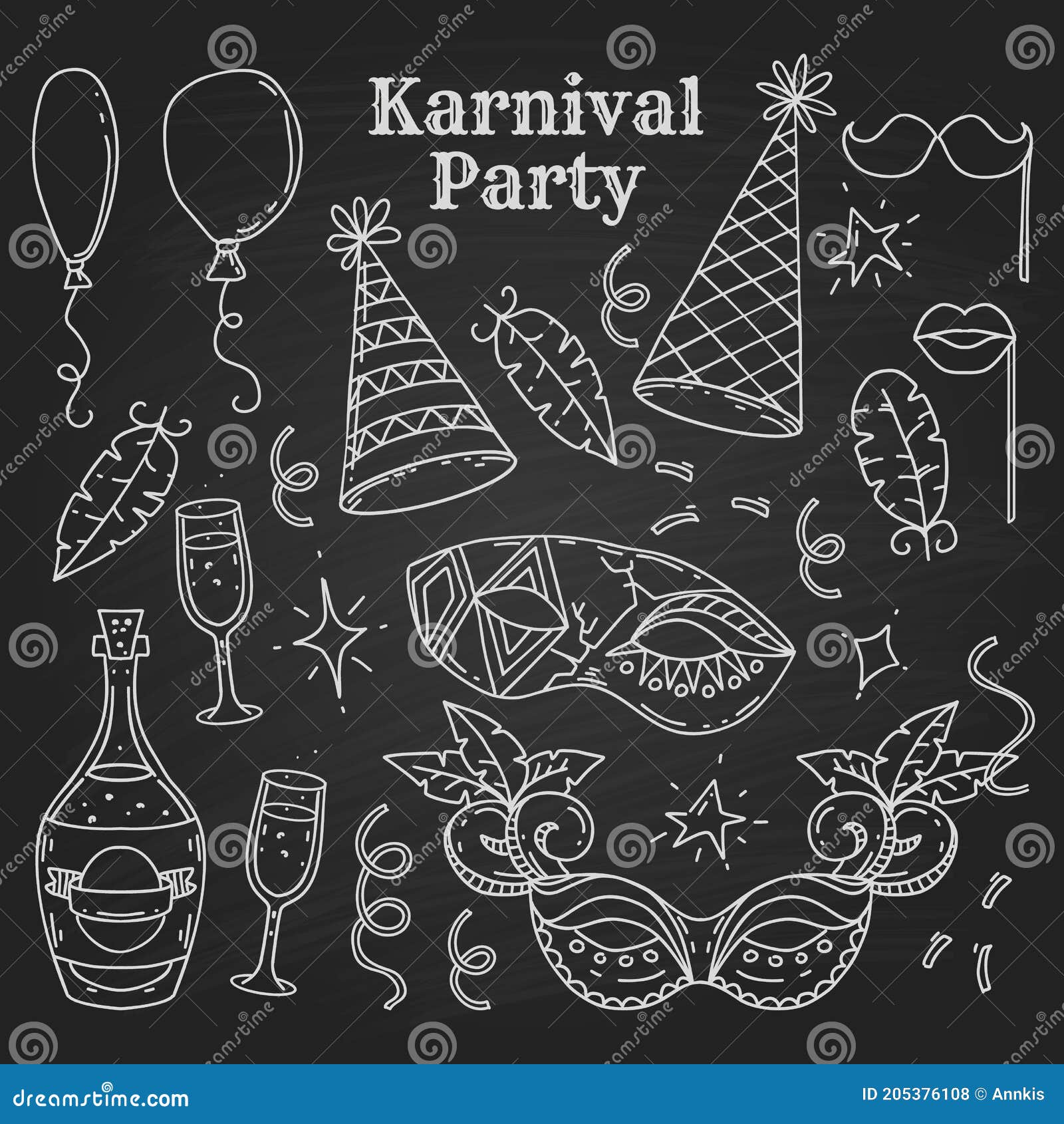 Carnival Party Symbols In Doodle Style On Black Background Vector ...