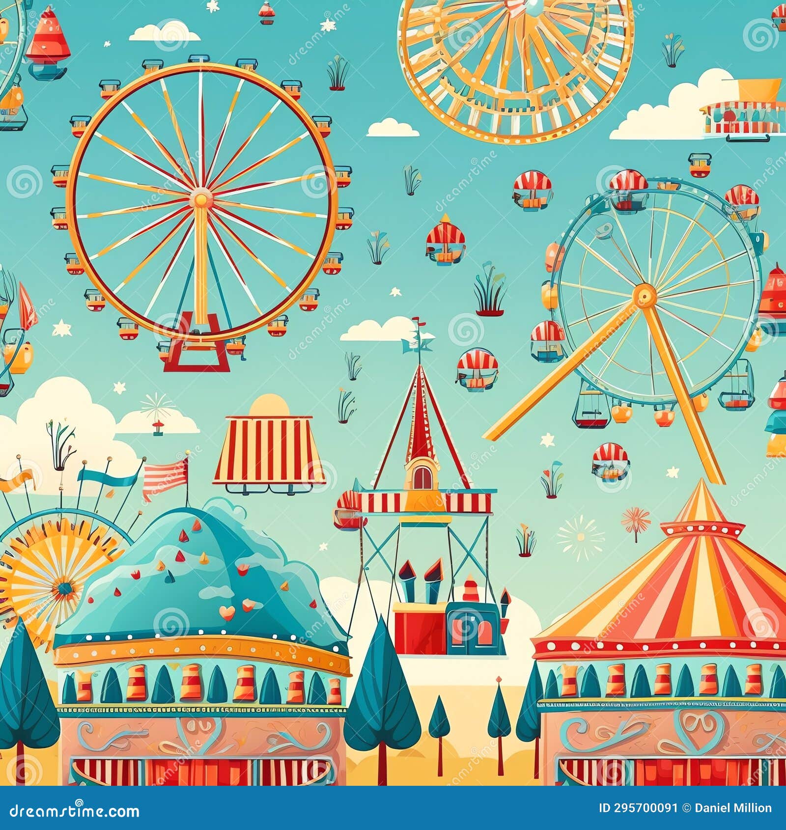 Carnival Rides and Ferris Wheels Background, Design Seamless Pattern ...