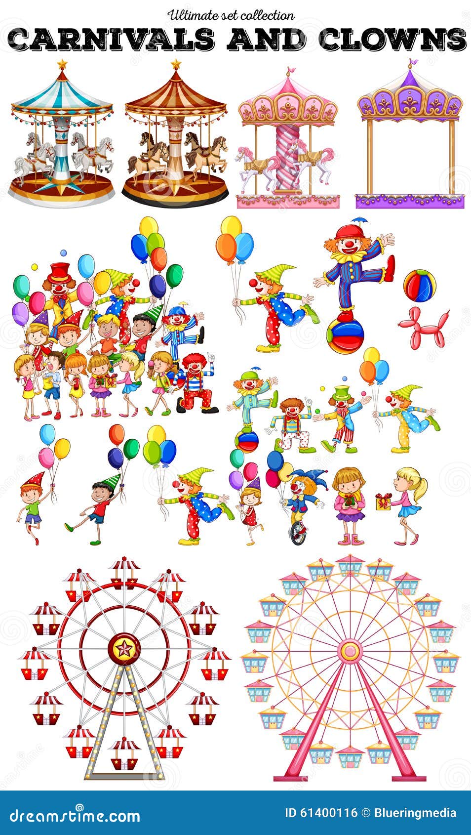 Carnivals Objects and Clowns Stock Vector - Illustration of collection ...