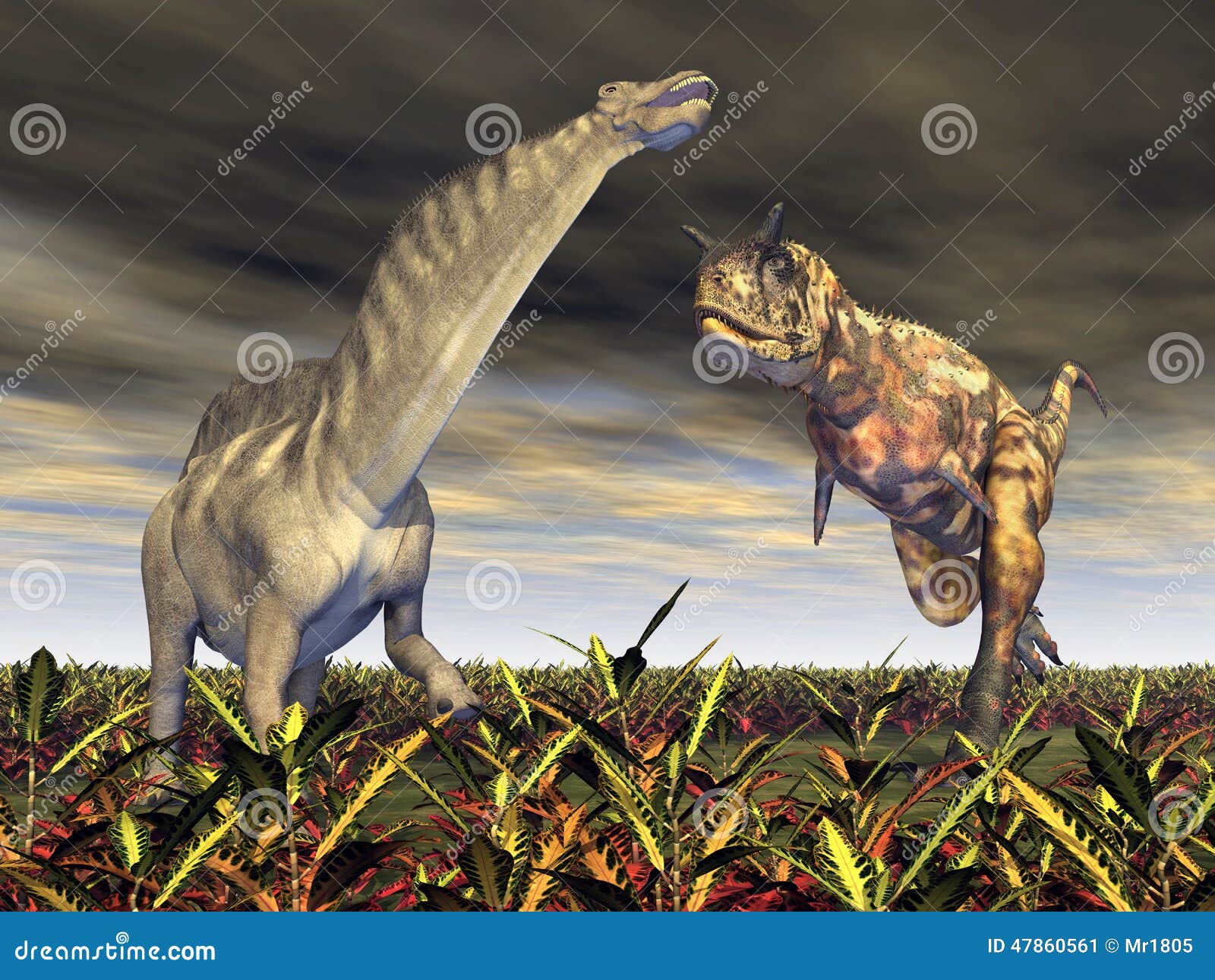 Carnotaurus Attacks Amargasaurus Stock Illustration - Illustration of ...