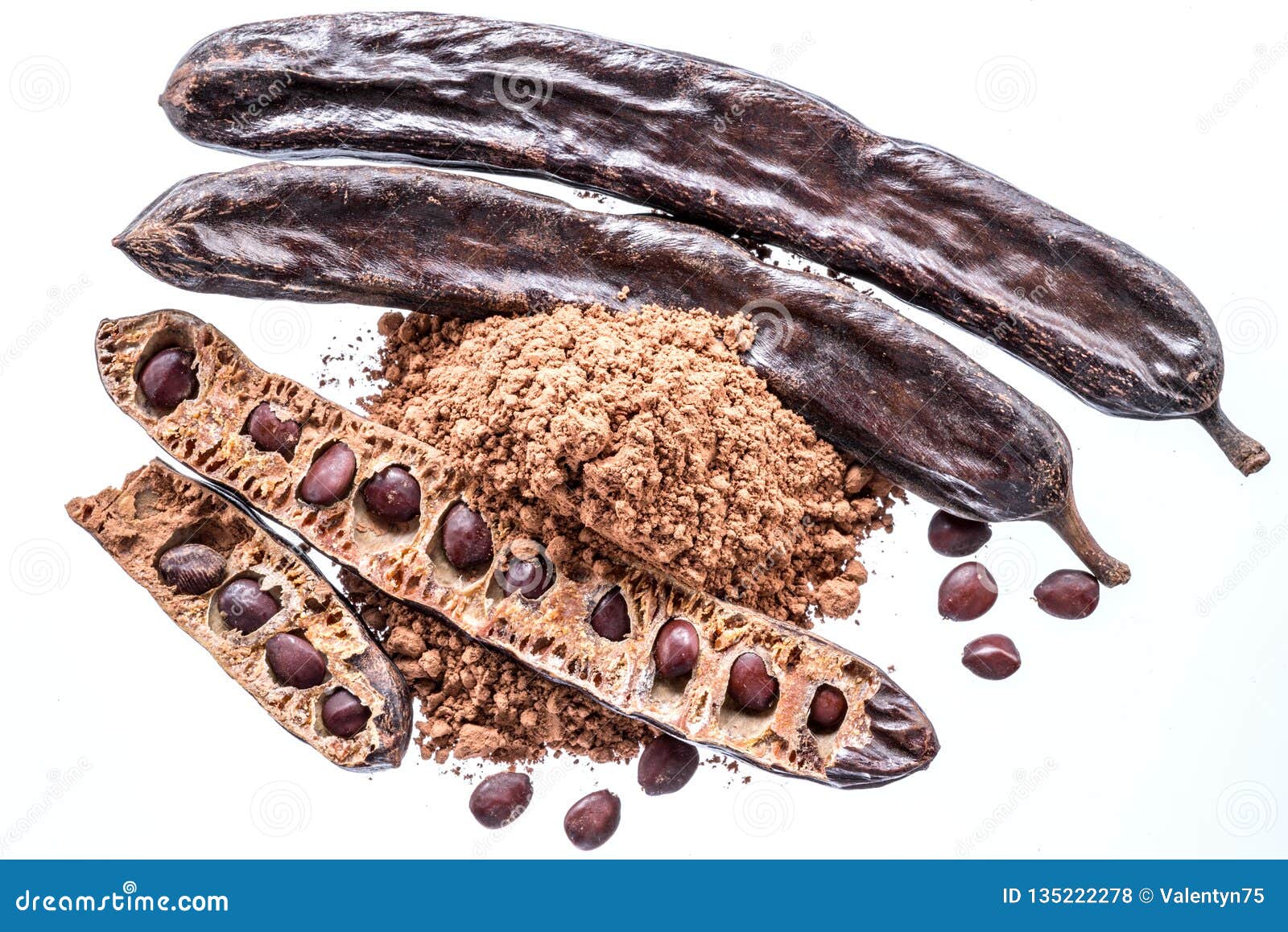 Carob Pods and Carob Powder on the White Background Stock Photo - Image ...