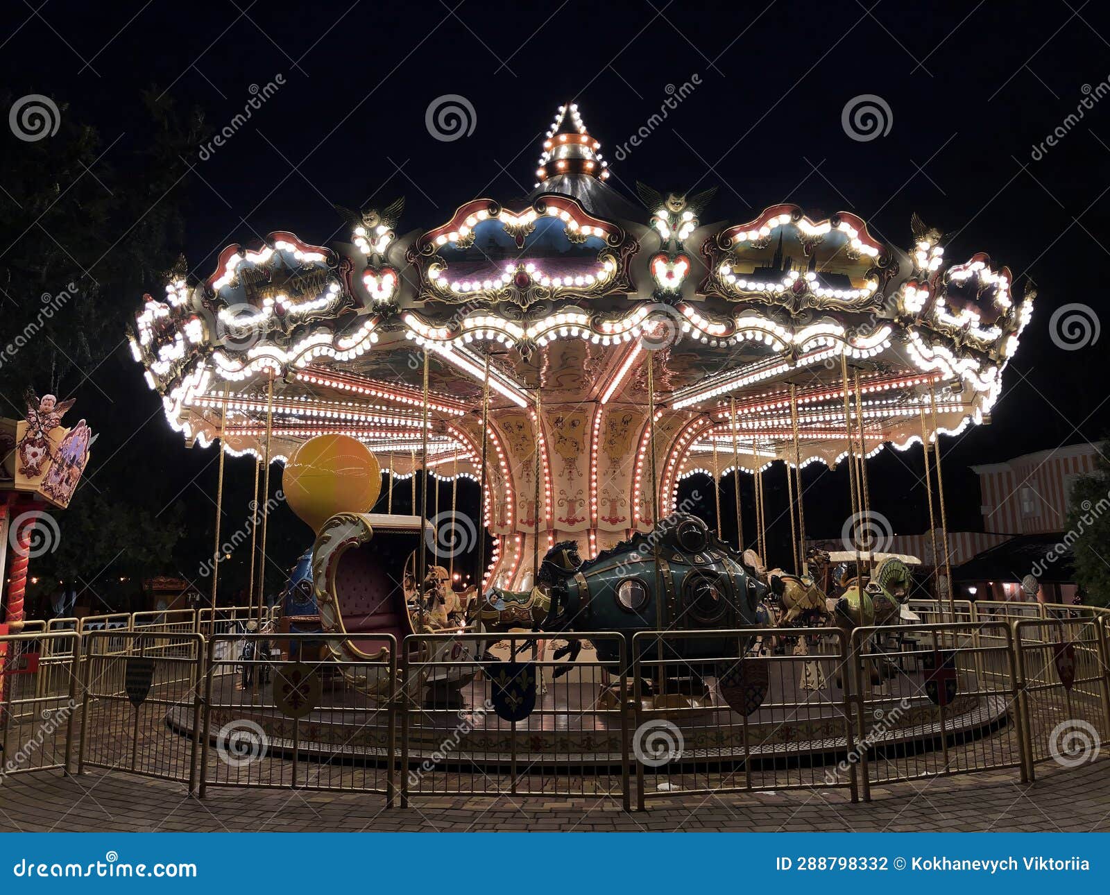 Carousel in the Amusement Park at Night Stock Photo - Image of horse ...