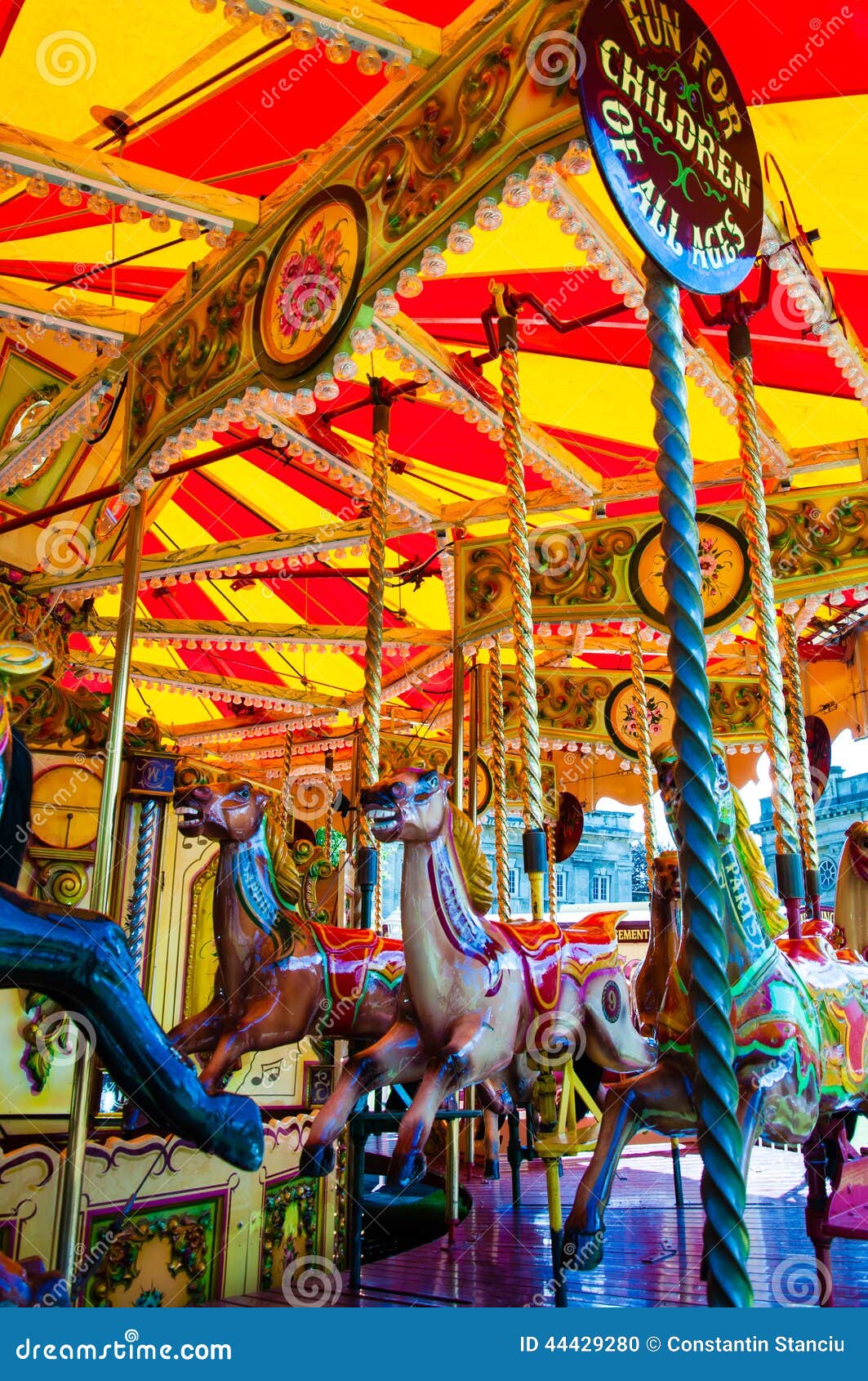 Horses On A Carnival Merry Go Round. Old French Carousel In A Holiday ...