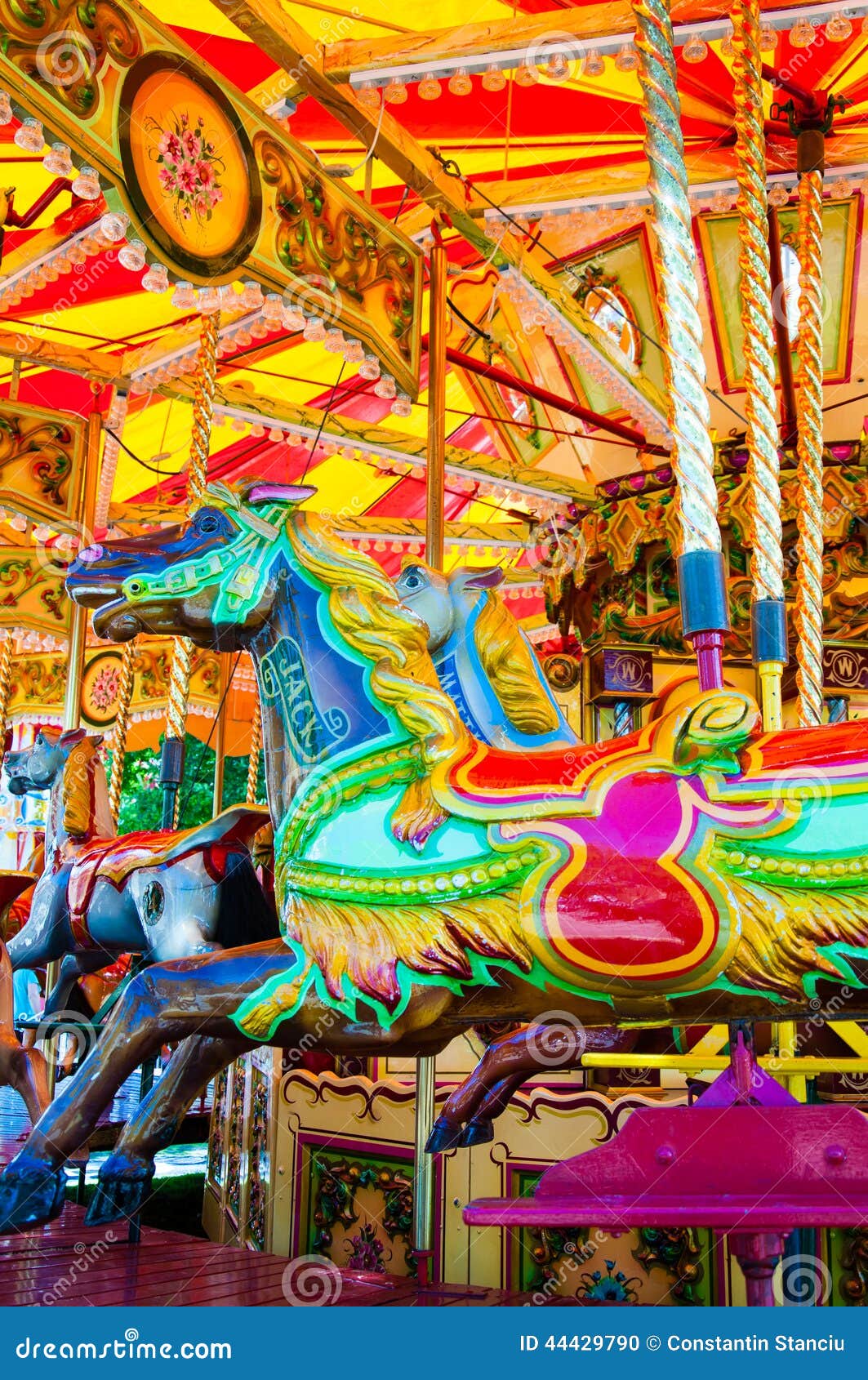 Horses On A Carnival Merry Go Round. Old French Carousel In A Holiday ...