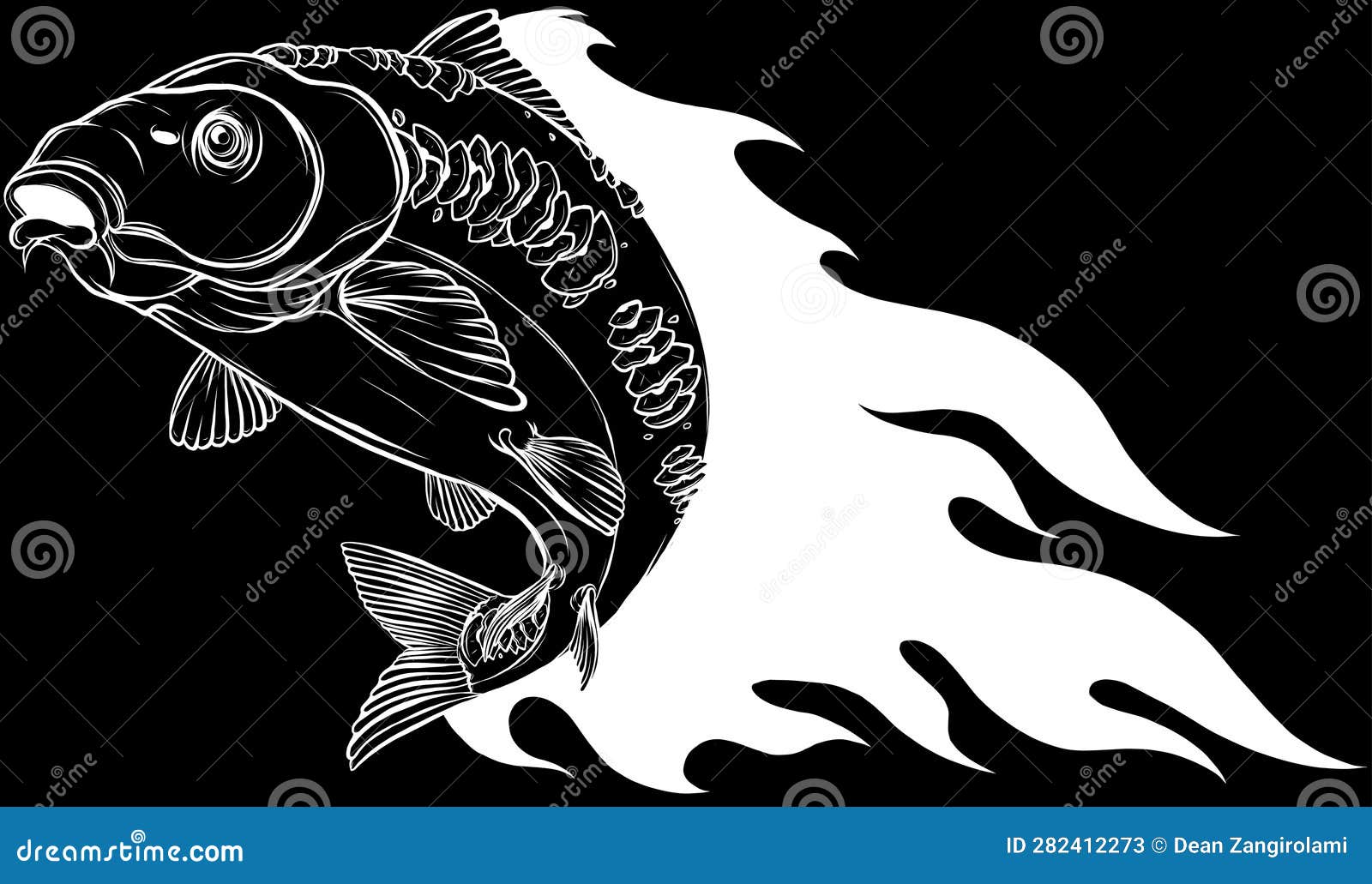 Carp Fish in White Line on Black Background Stock Vector - Illustration ...