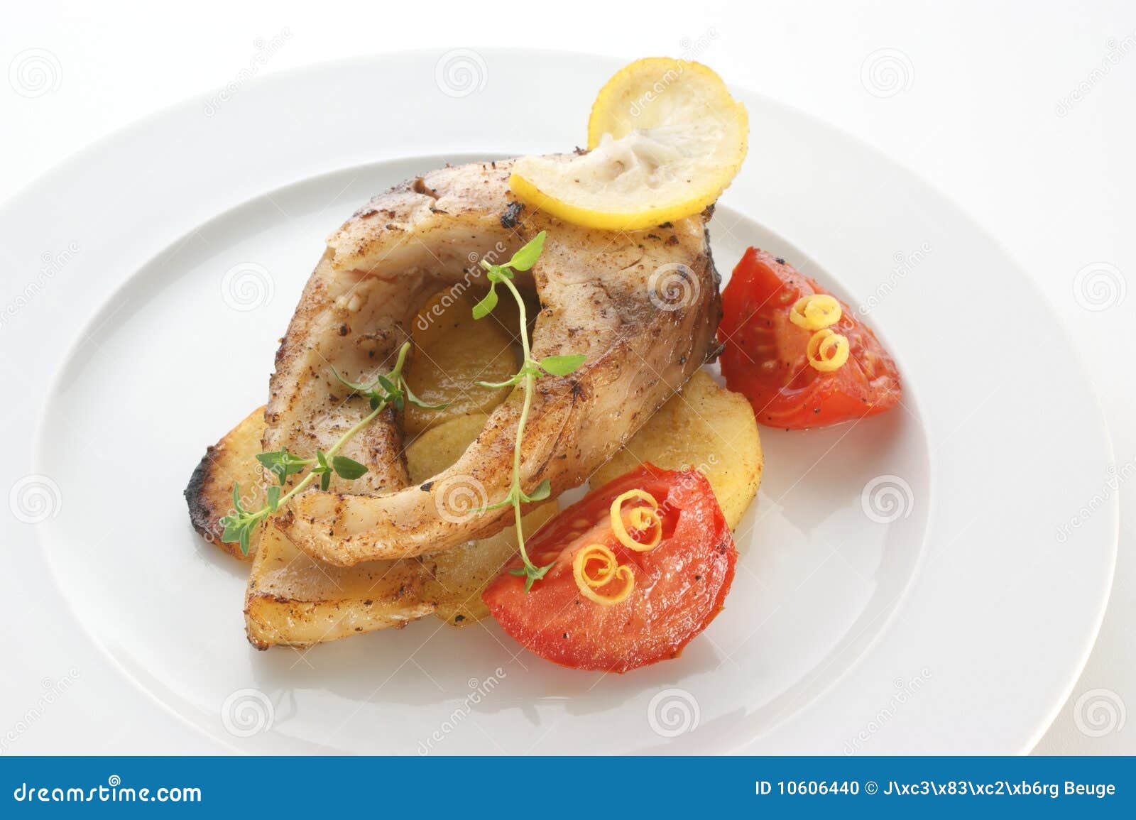 Carp Steak with Potato and Tomato Stock Photo - Image of health, fish ...