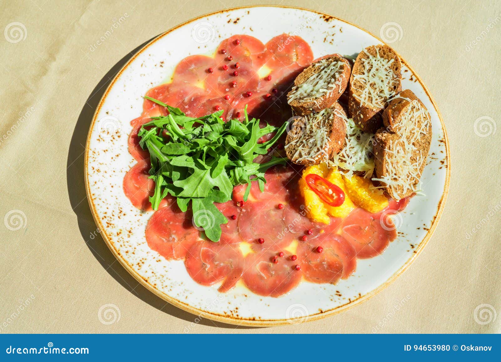 Carpaccio with Toasts and Herbs Stock Photo - Image of olive, capers ...