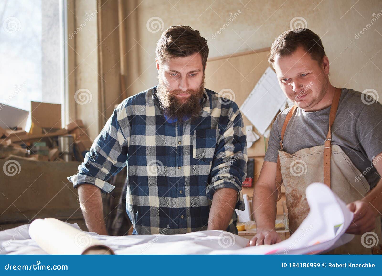 Carpenter and Architect with Architectural Drawing Stock Image - Image ...
