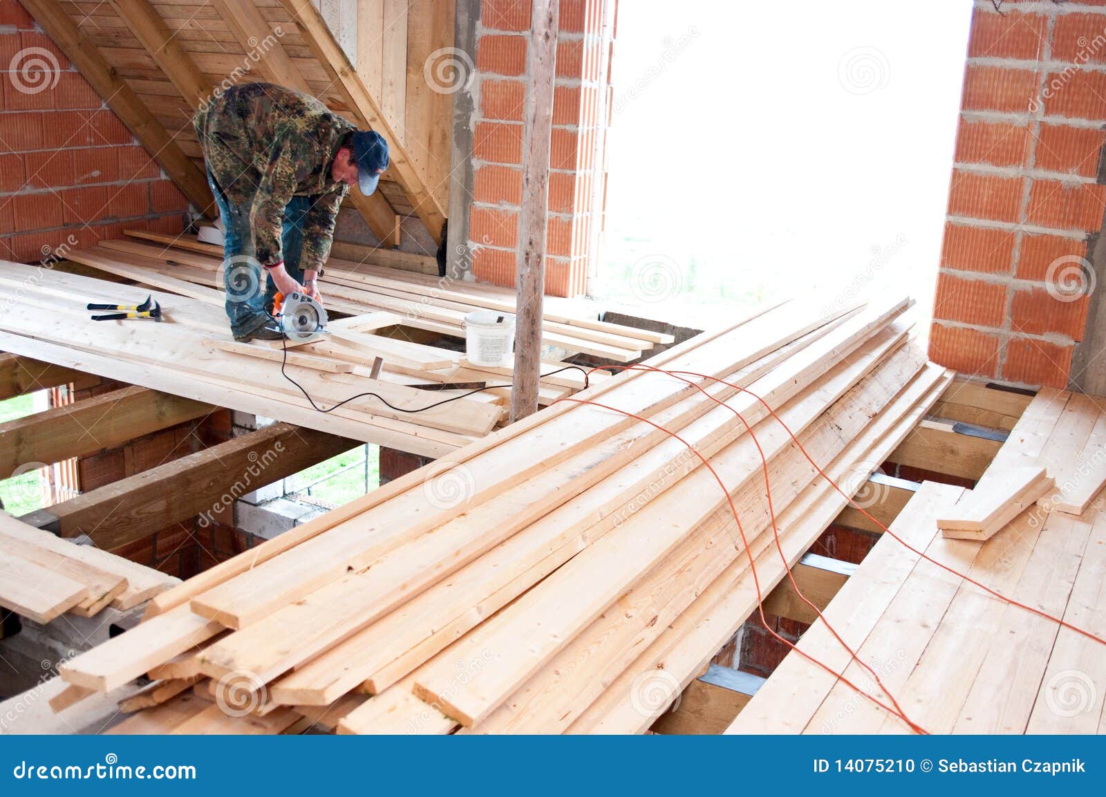 Carpenter Building New Floor Stock Photo - Image of works, laying: 14075210