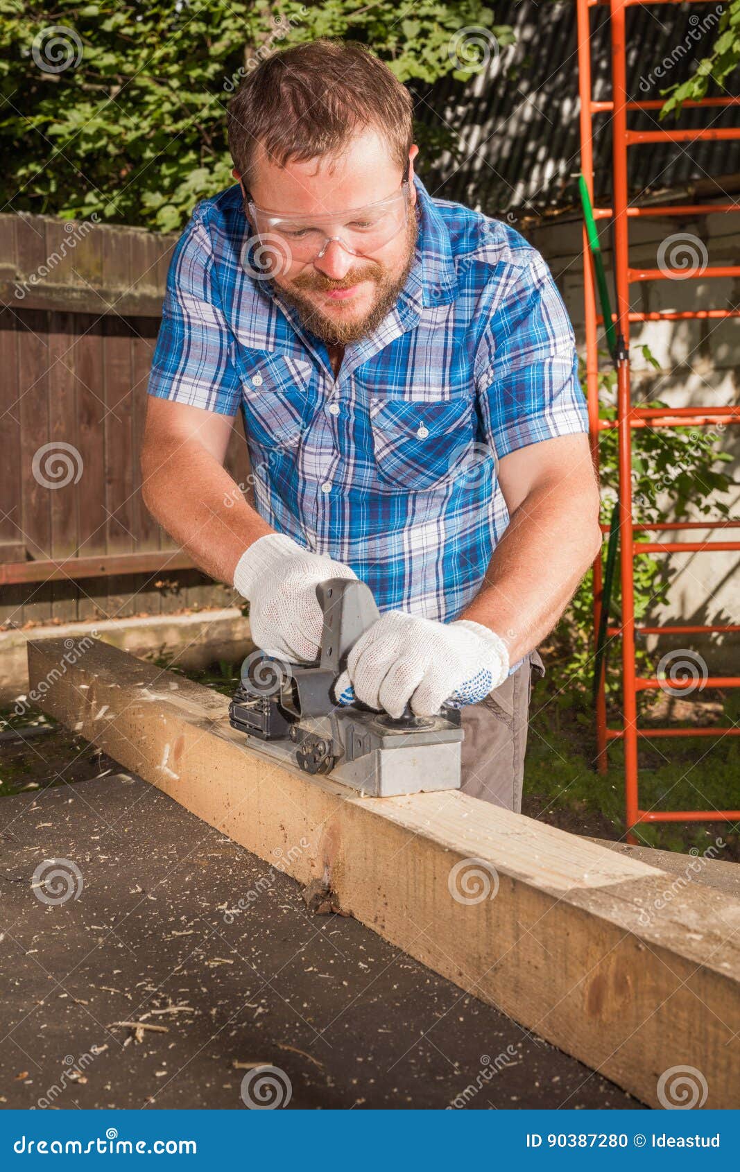Carpenter Chipping the Wooden Plank Stock Photo - Image of plank ...