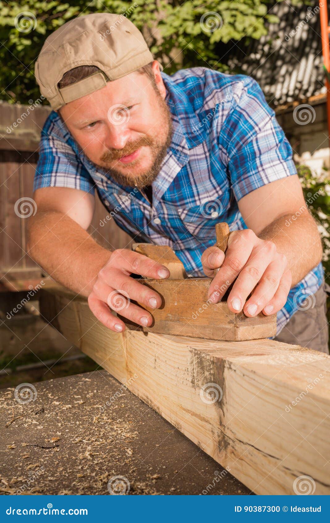 Carpenter Chipping the Wooden Plank Stock Photo - Image of plank ...