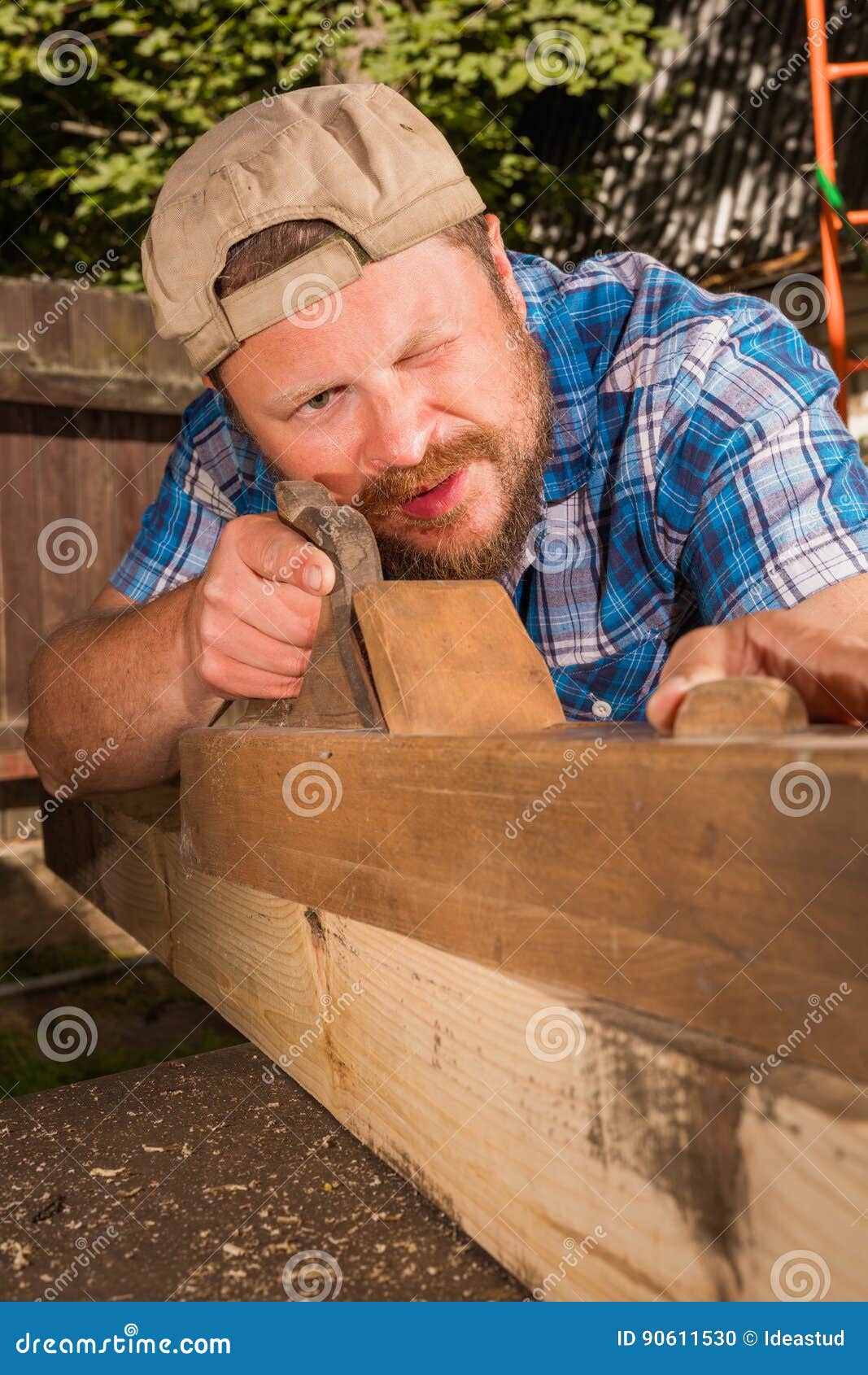Carpenter Chipping the Wooden Plank Stock Photo - Image of hand ...